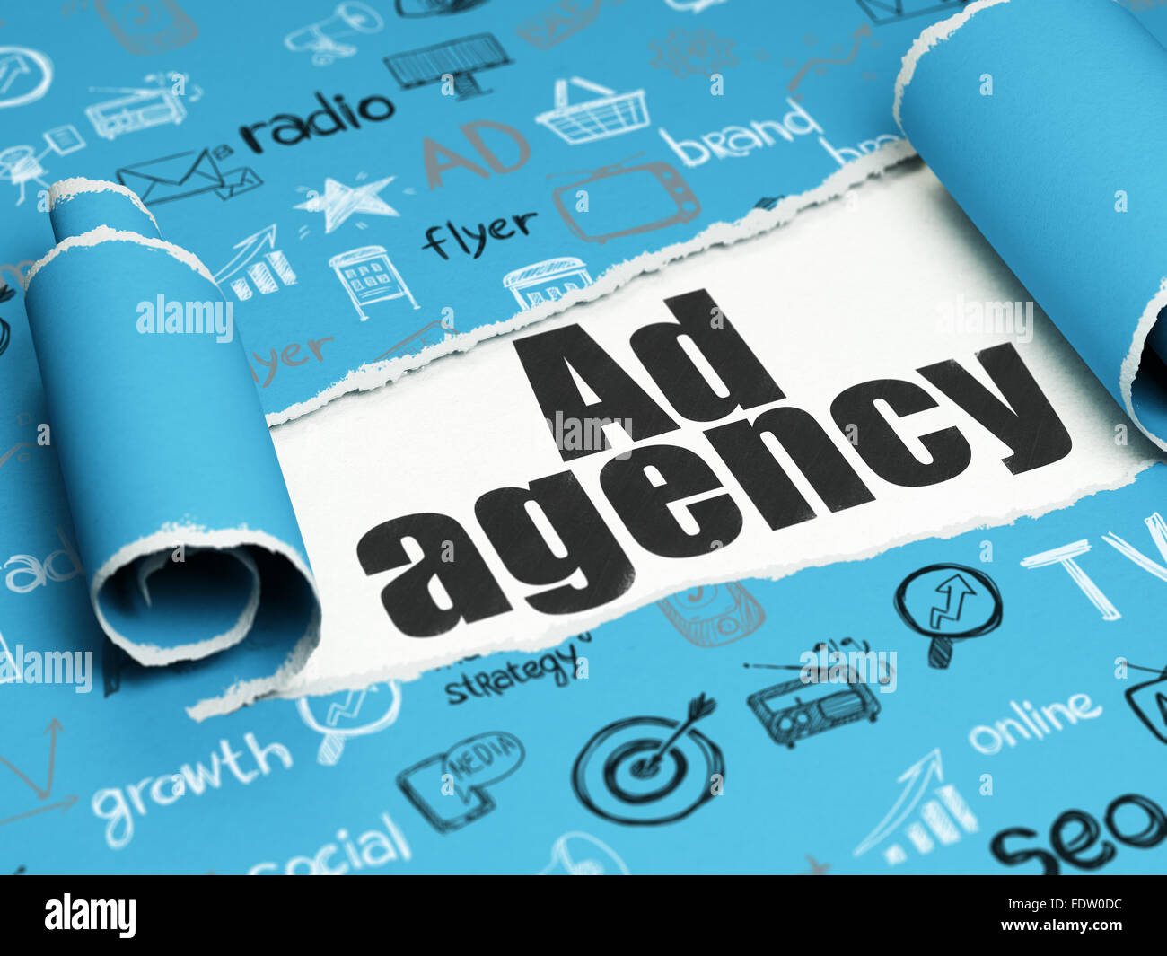 Advertising concept: black text Ad Agency under the piece of torn paper ...