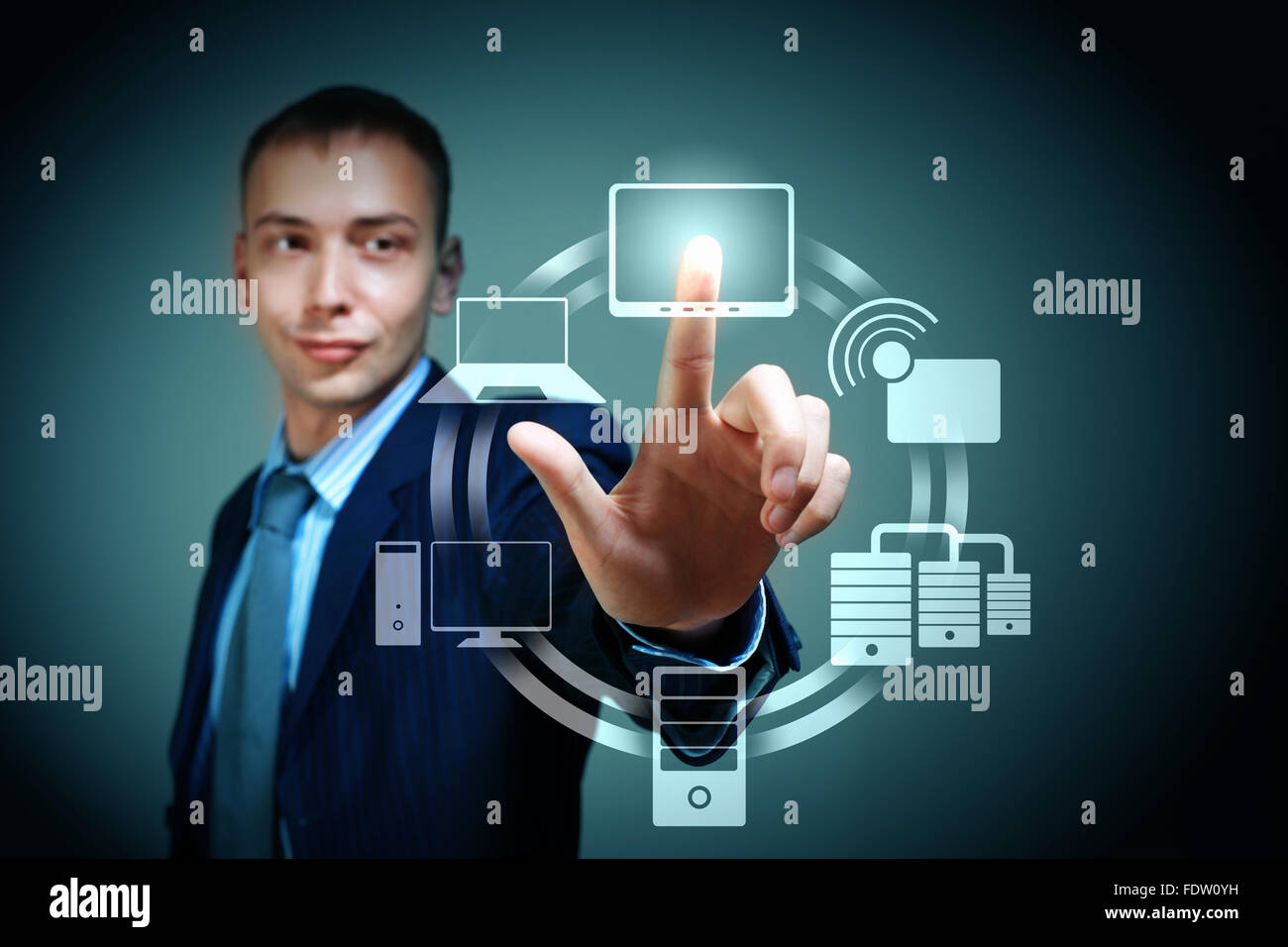 Business person pushing symbols on a touch screen interface Stock Photo ...