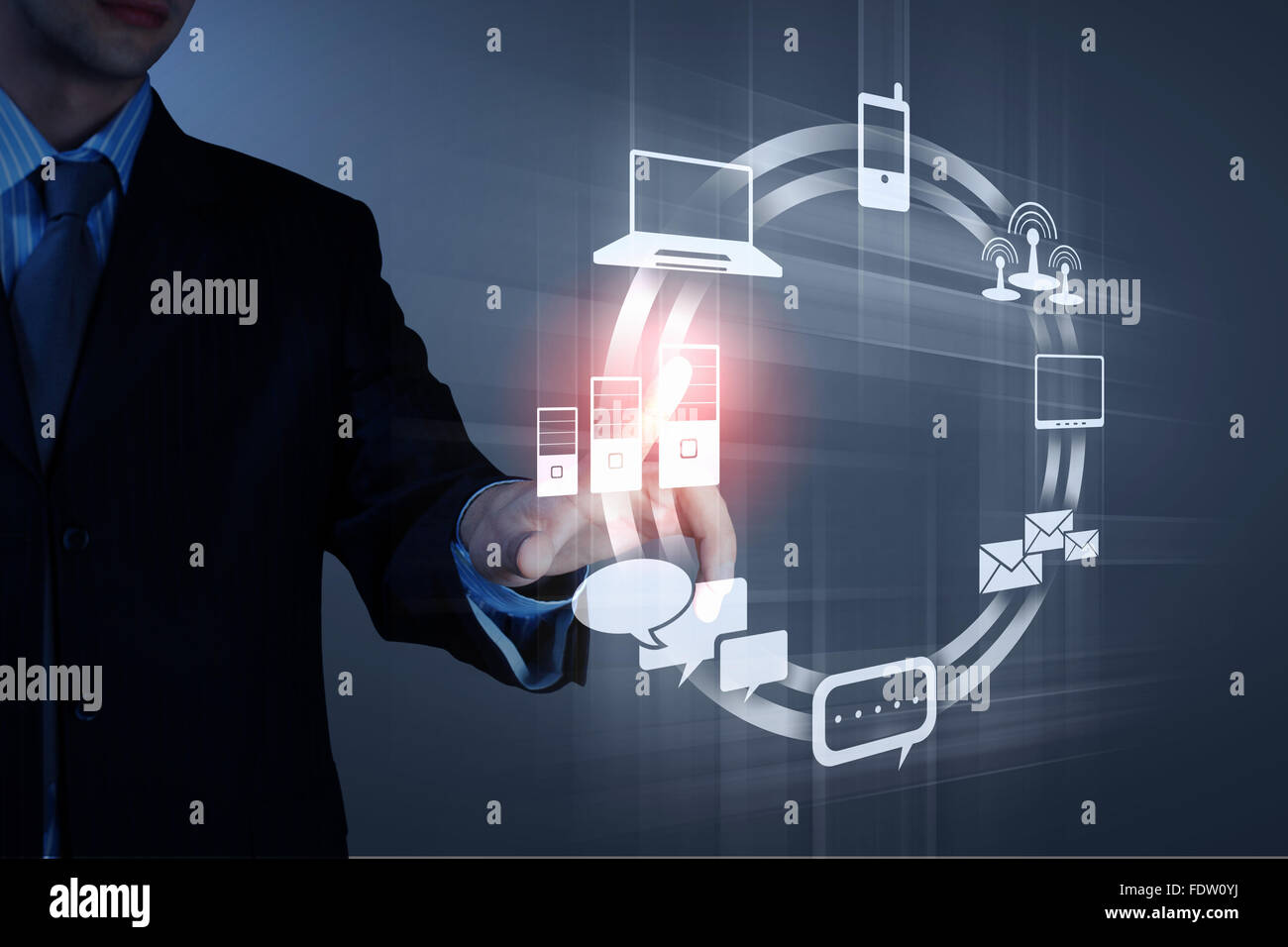 Business person pushing symbols on a touch screen interface Stock Photo ...