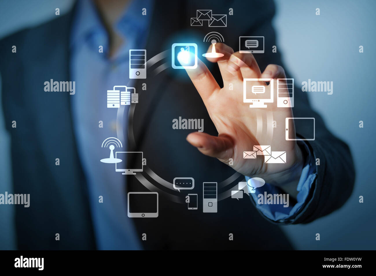 Business person pushing symbols on a touch screen interface Stock Photo ...