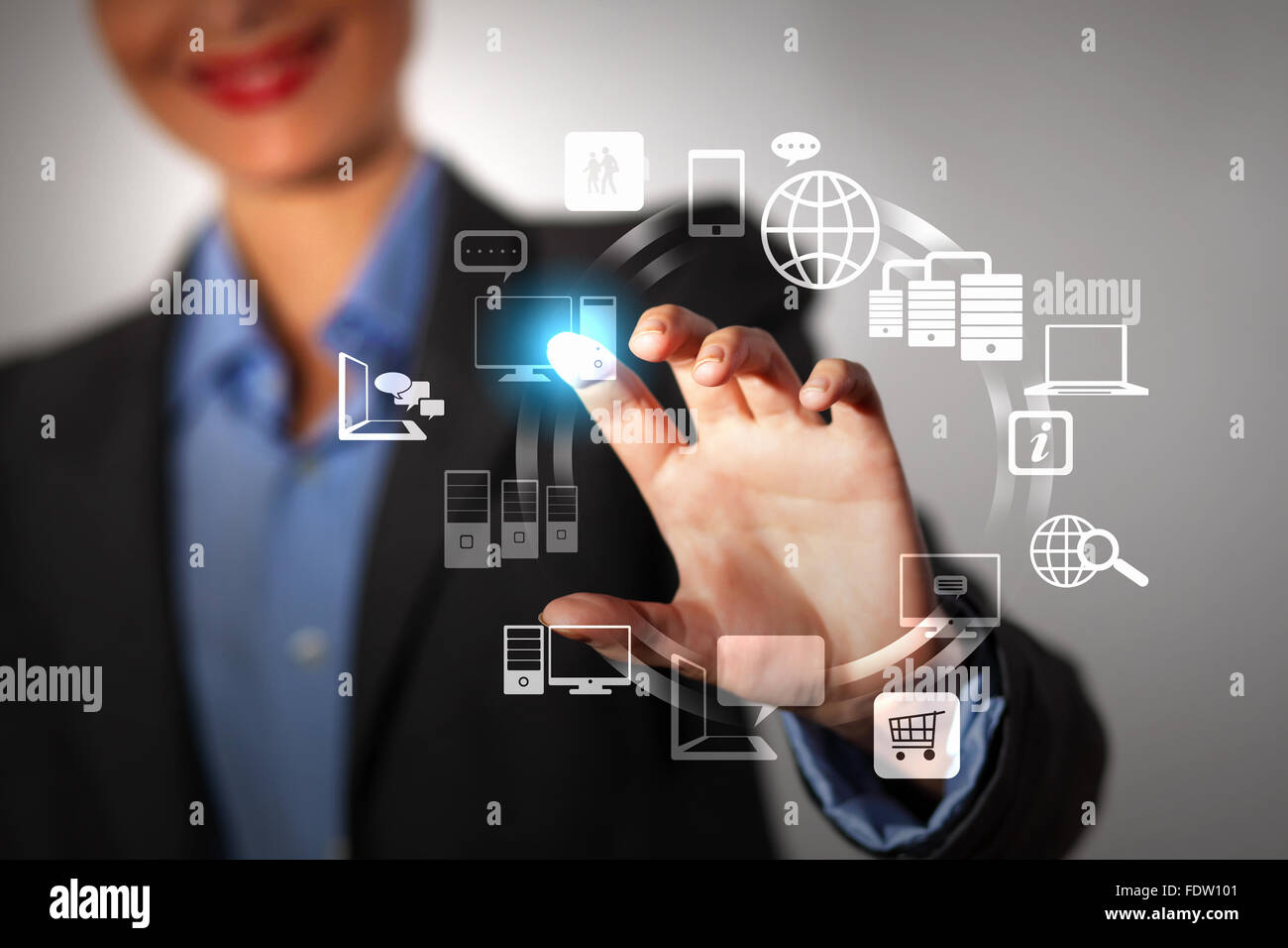 Business person pushing symbols on a touch screen interface Stock Photo ...