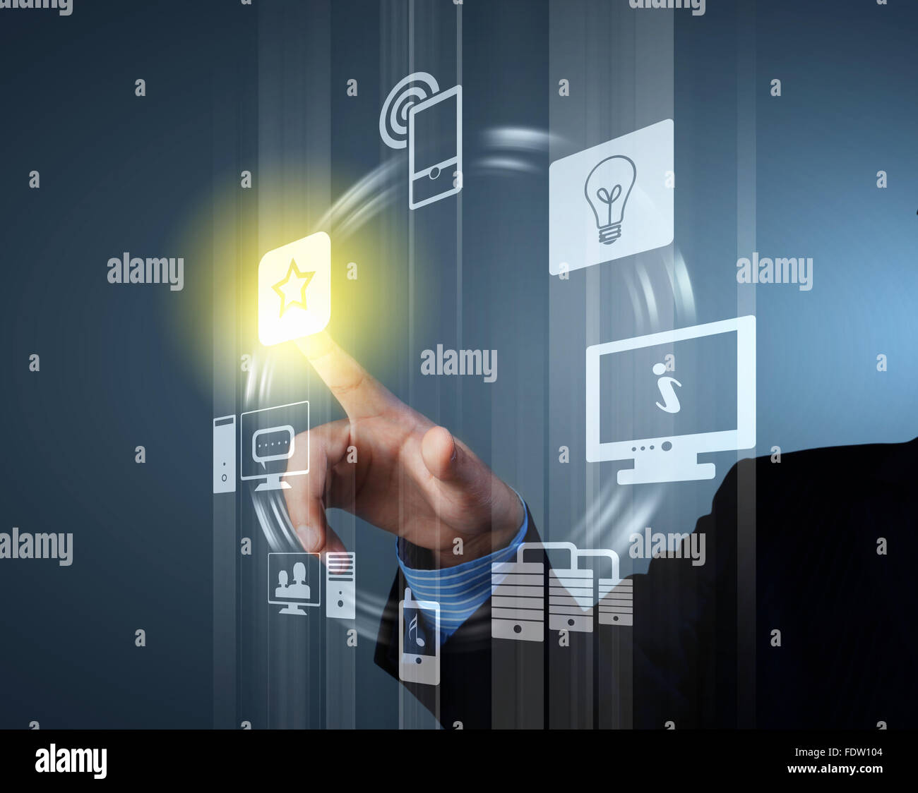 Business person pushing symbols on a touch screen interface Stock Photo ...