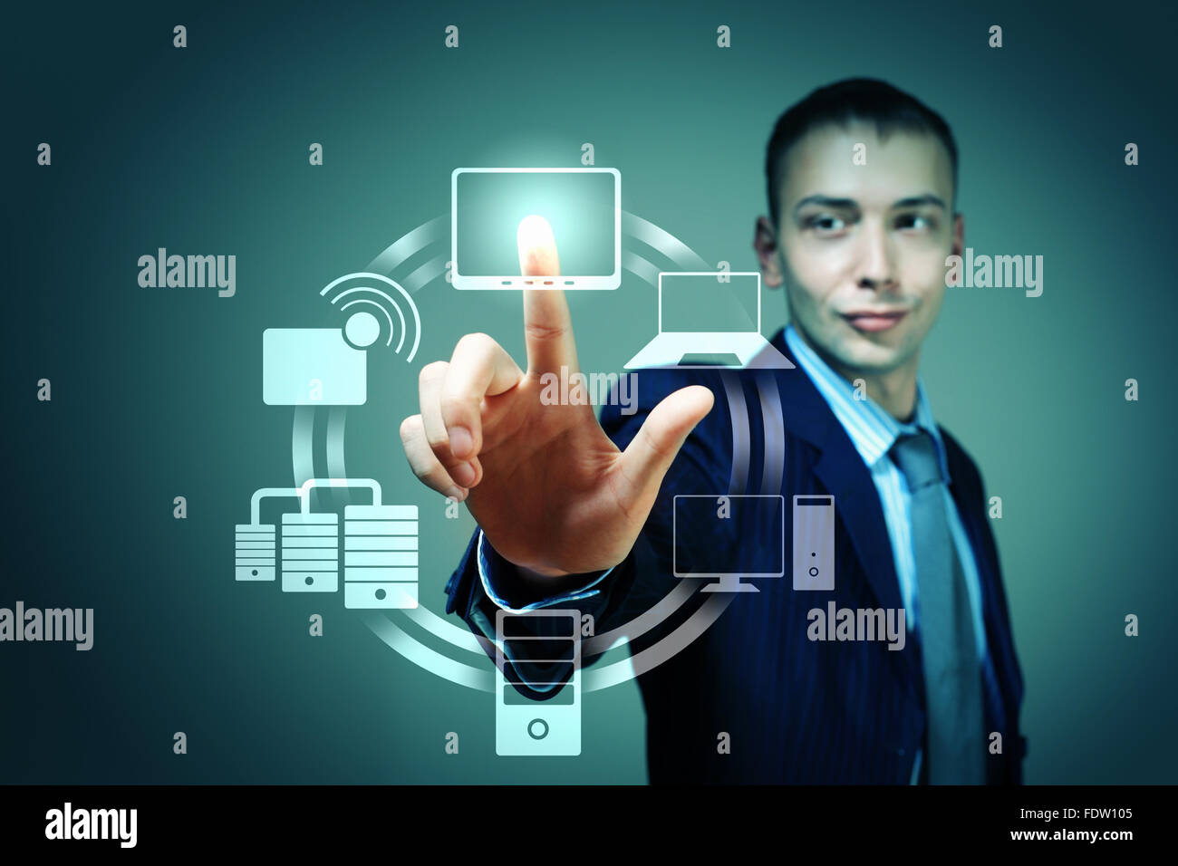 Business person pushing symbols on a touch screen interface Stock Photo ...
