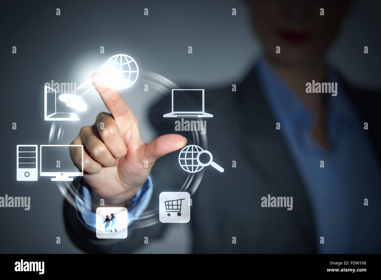 Business person pushing symbols on a touch screen interface Stock Photo ...