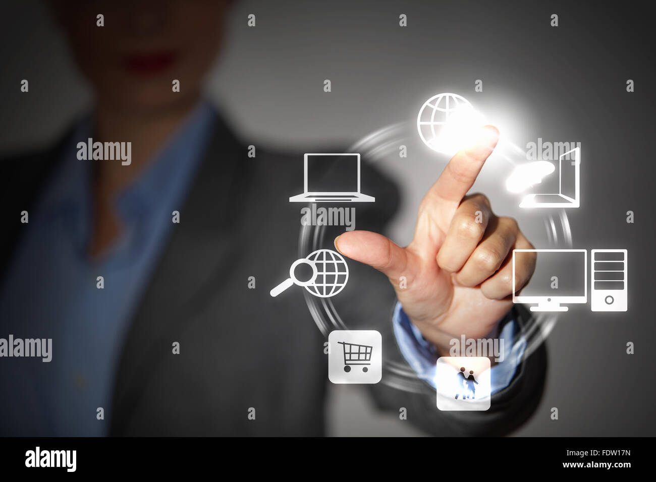 Business person pushing symbols on a touch screen interface Stock Photo ...