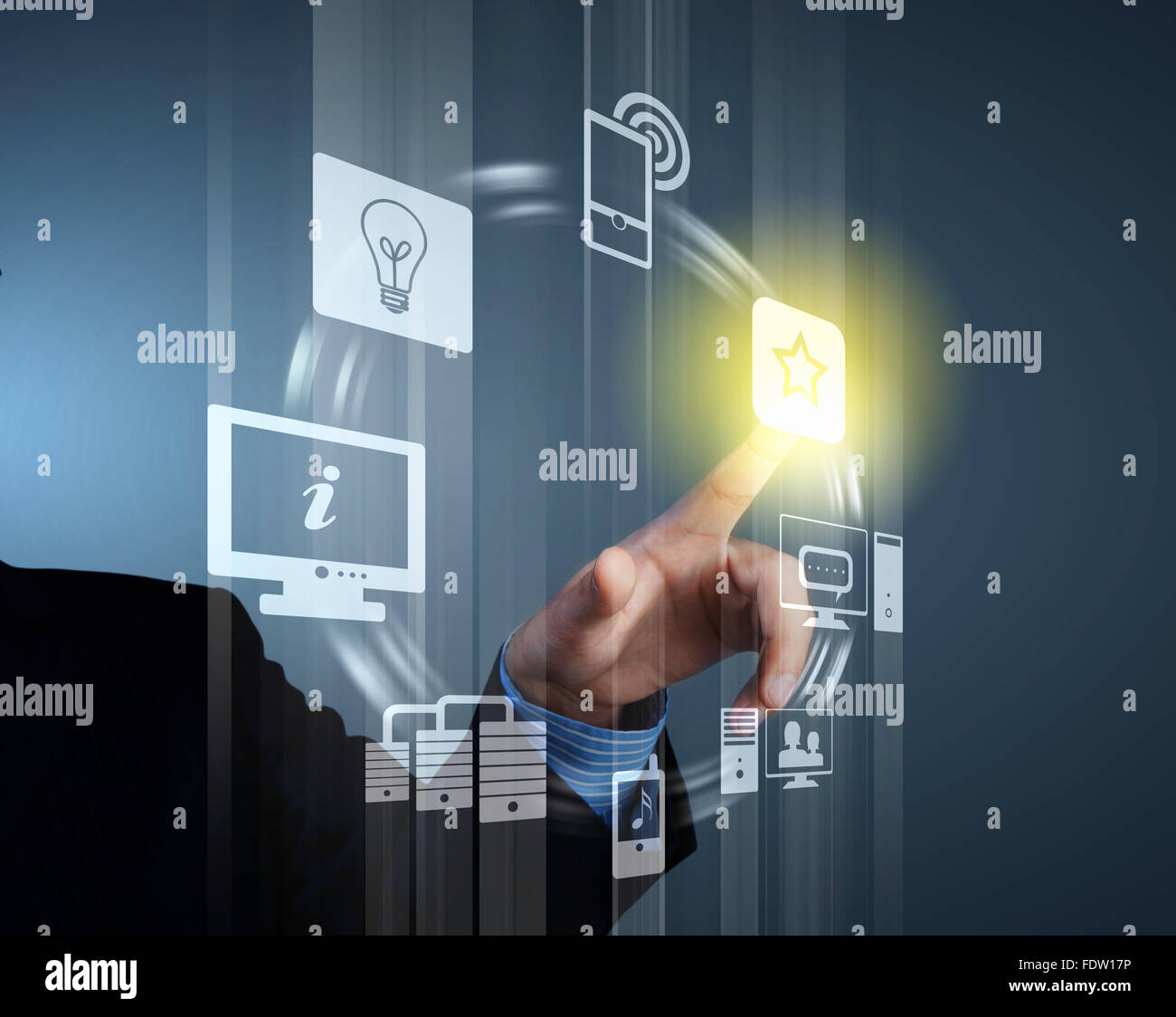 Business person pushing symbols on a touch screen interface Stock Photo ...