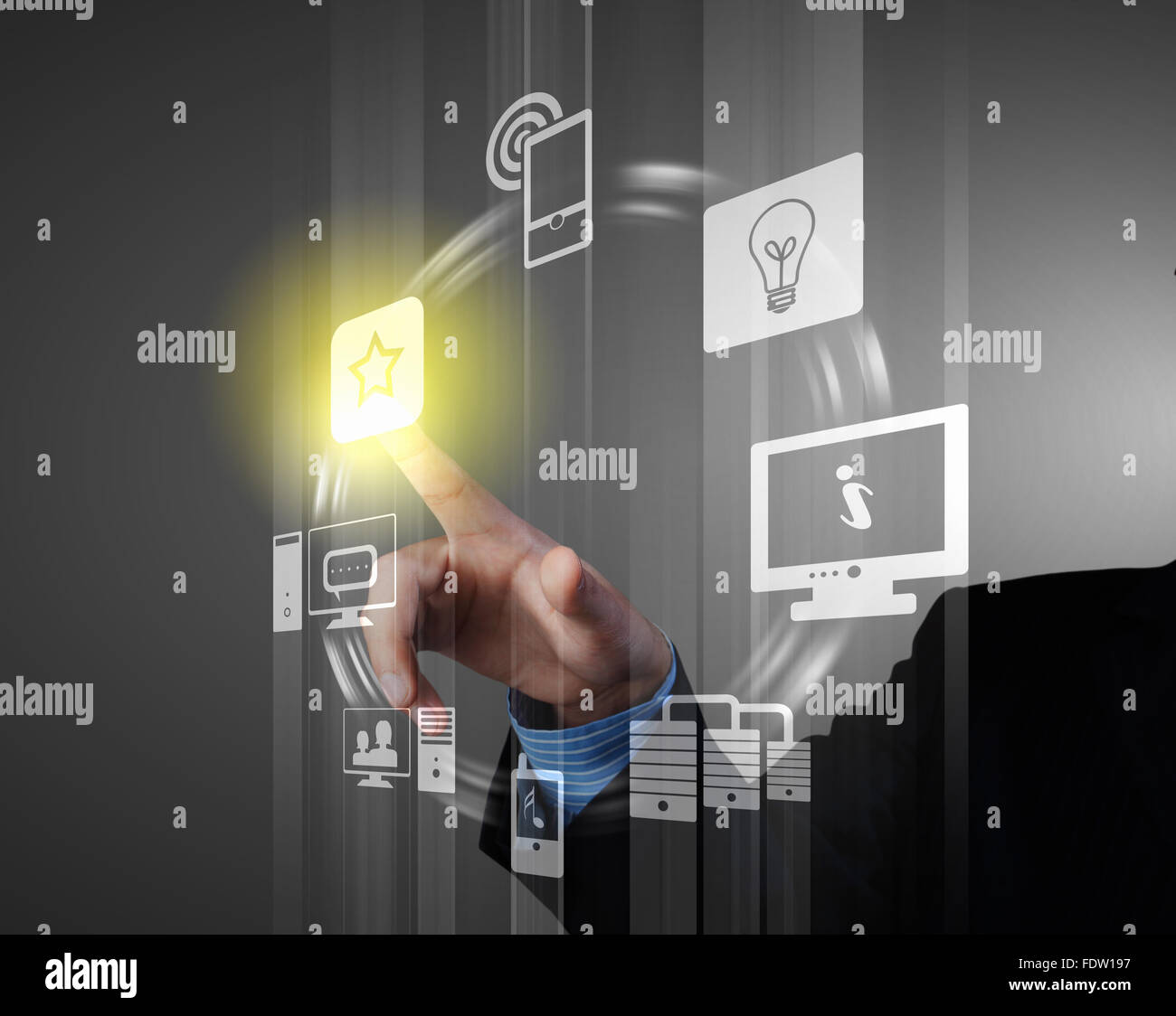 Business person pushing symbols on a touch screen interface Stock Photo ...