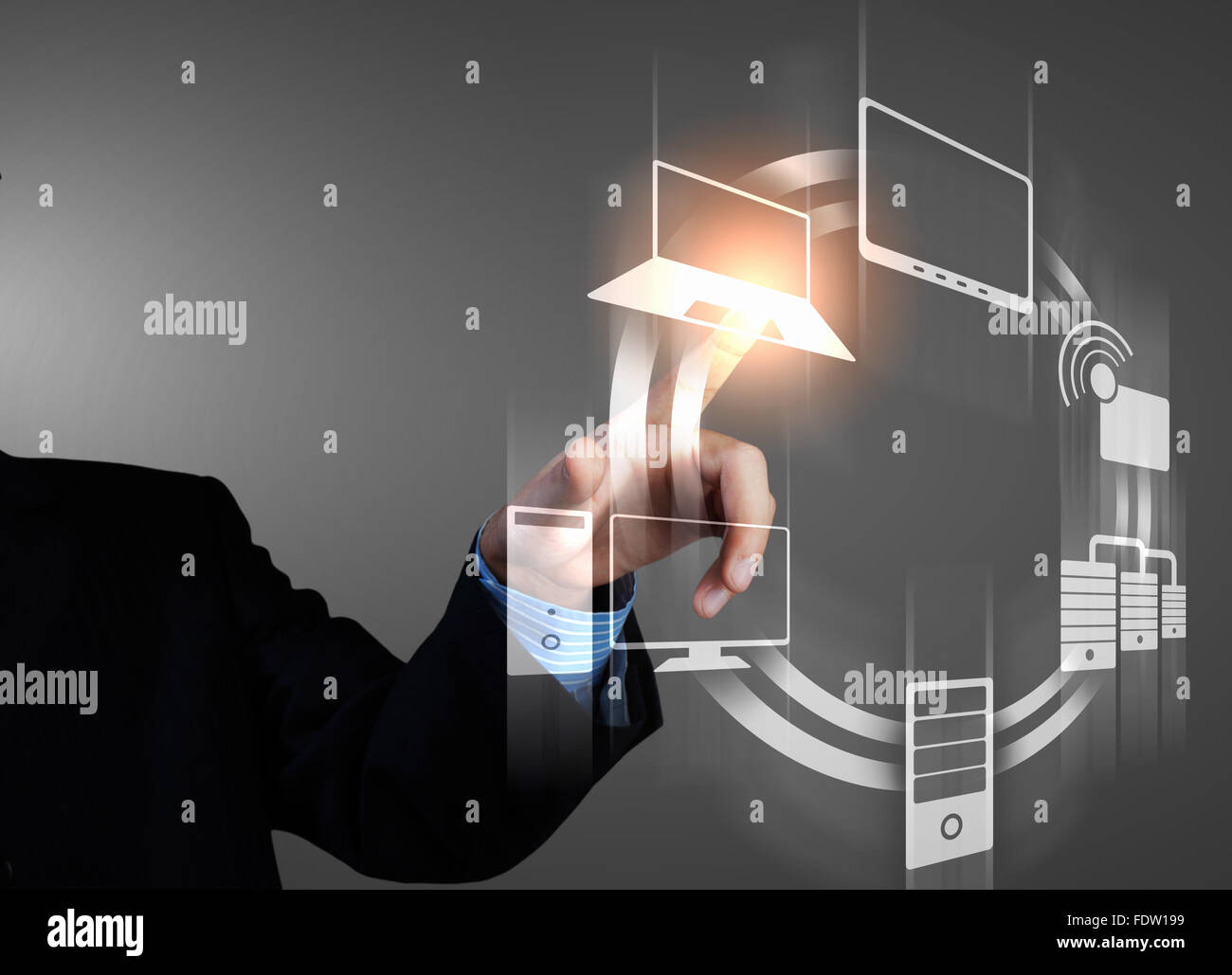 Business person pushing symbols on a touch screen interface Stock Photo ...