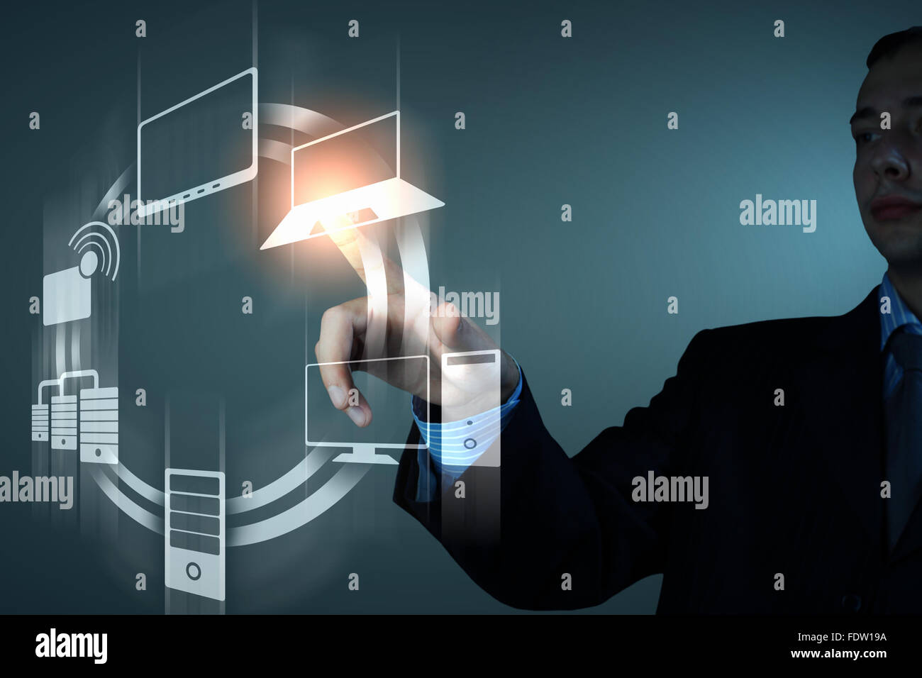Business person pushing symbols on a touch screen interface Stock Photo ...