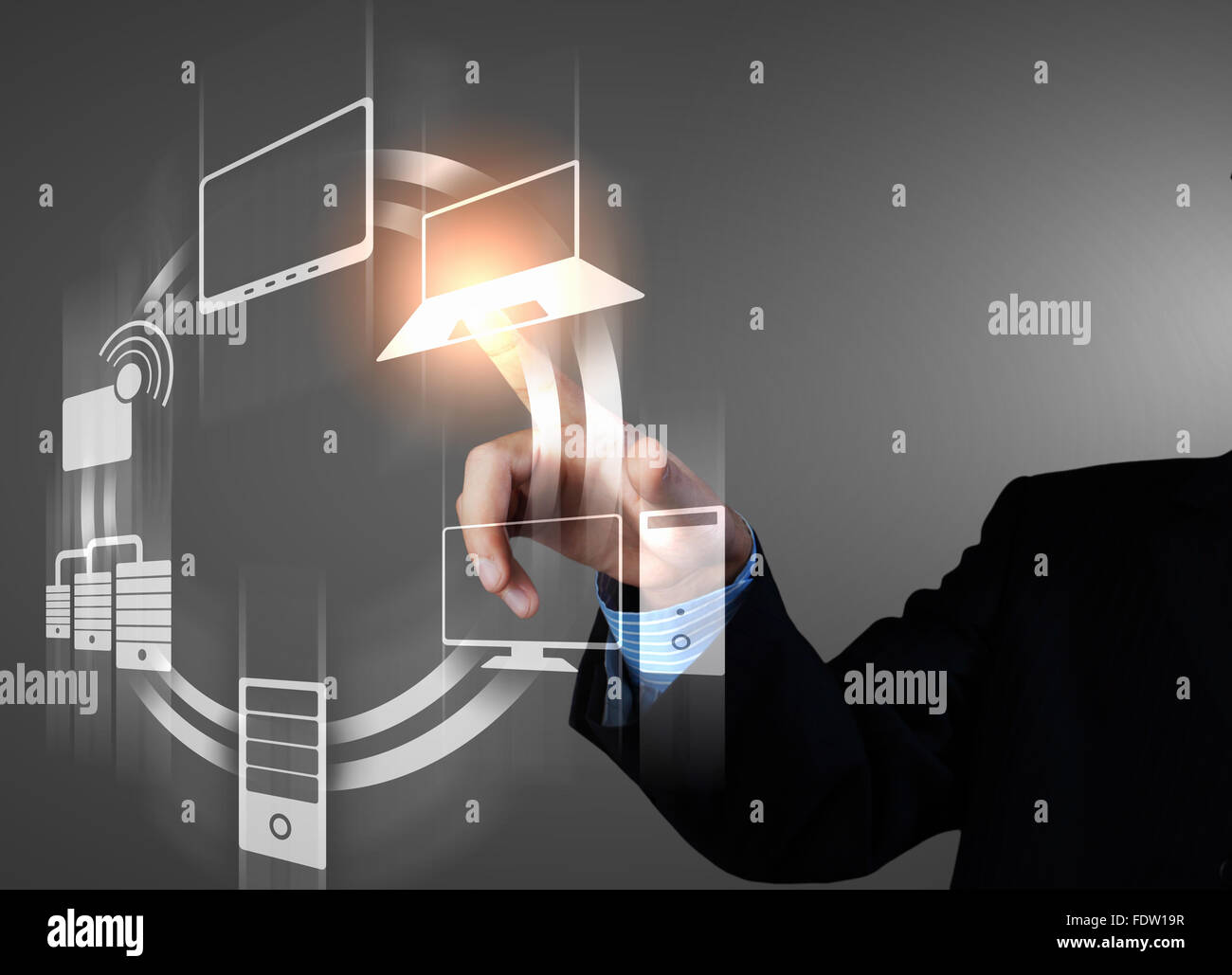 Business person pushing symbols on a touch screen interface Stock Photo ...