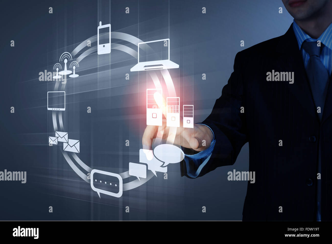 Business person pushing symbols on a touch screen interface Stock Photo ...