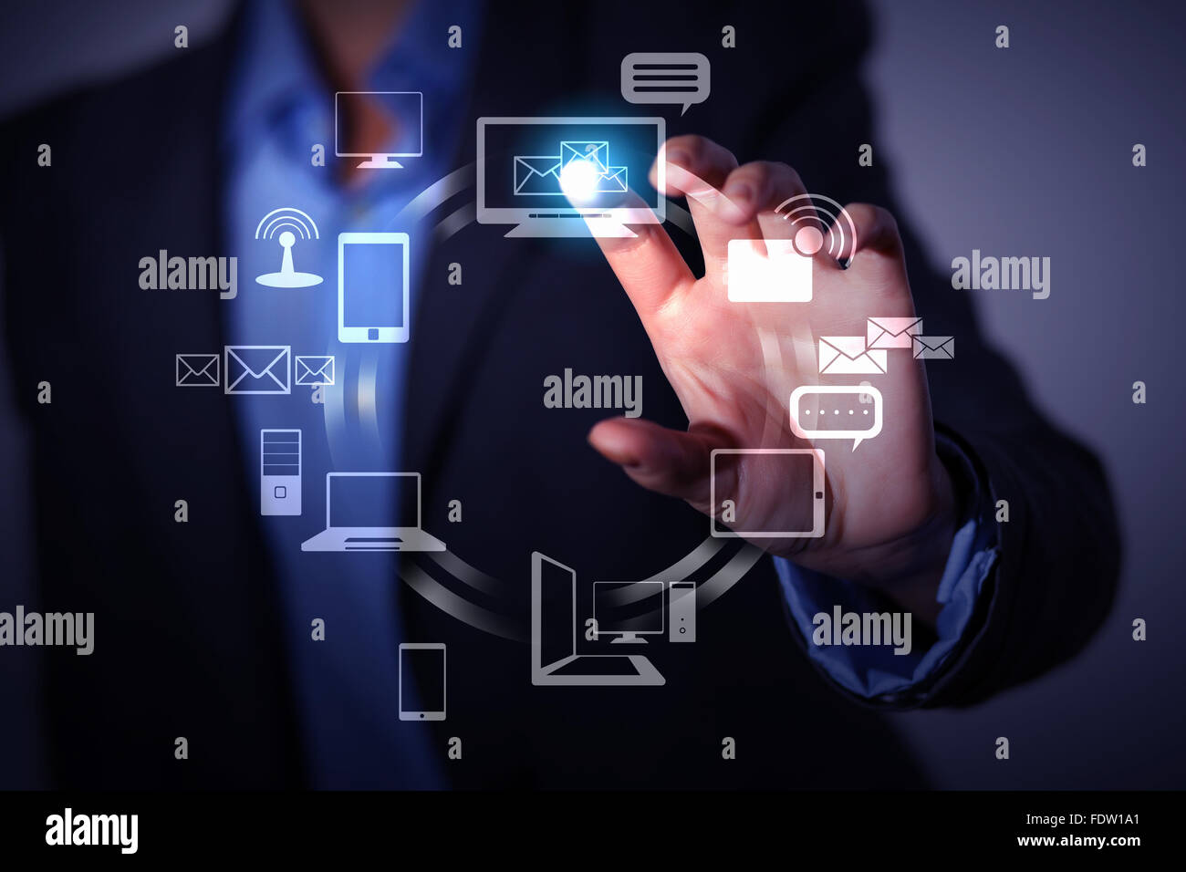 Business person pushing symbols on a touch screen interface Stock Photo ...