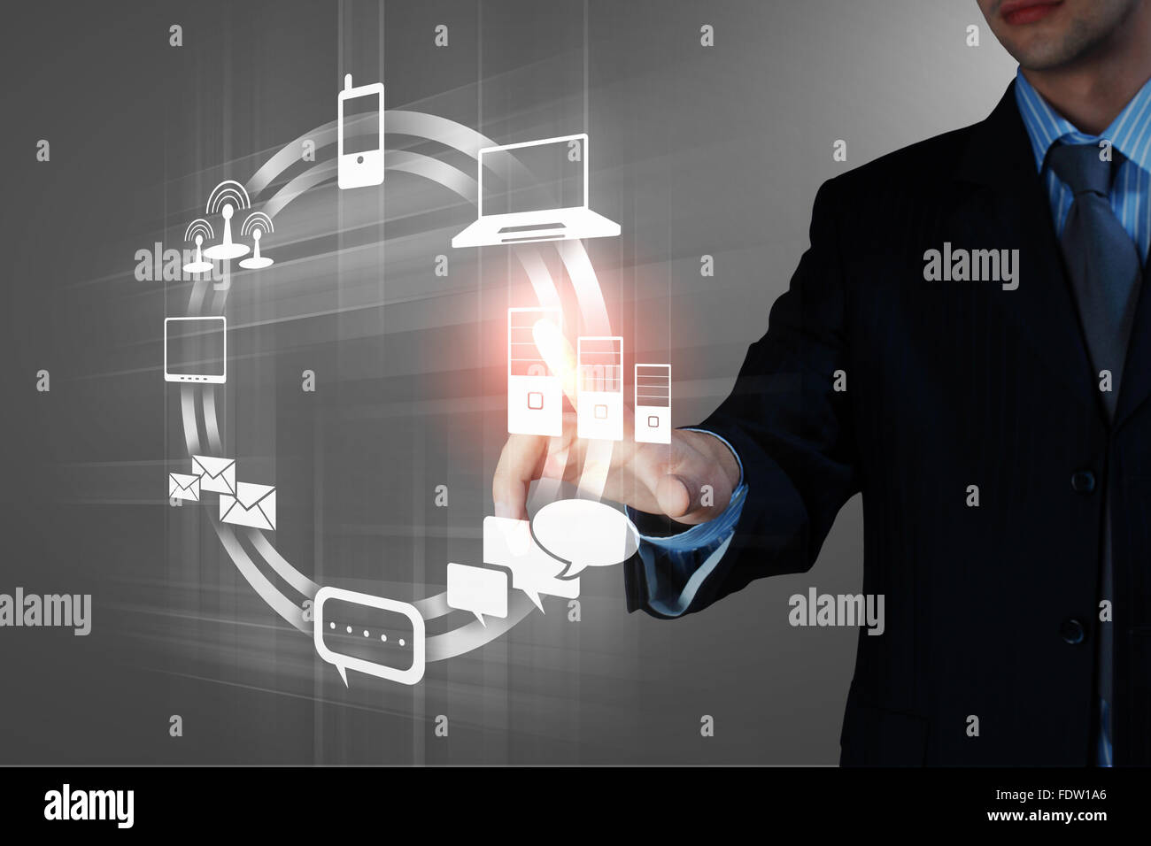 Business person pushing symbols on a touch screen interface Stock Photo ...