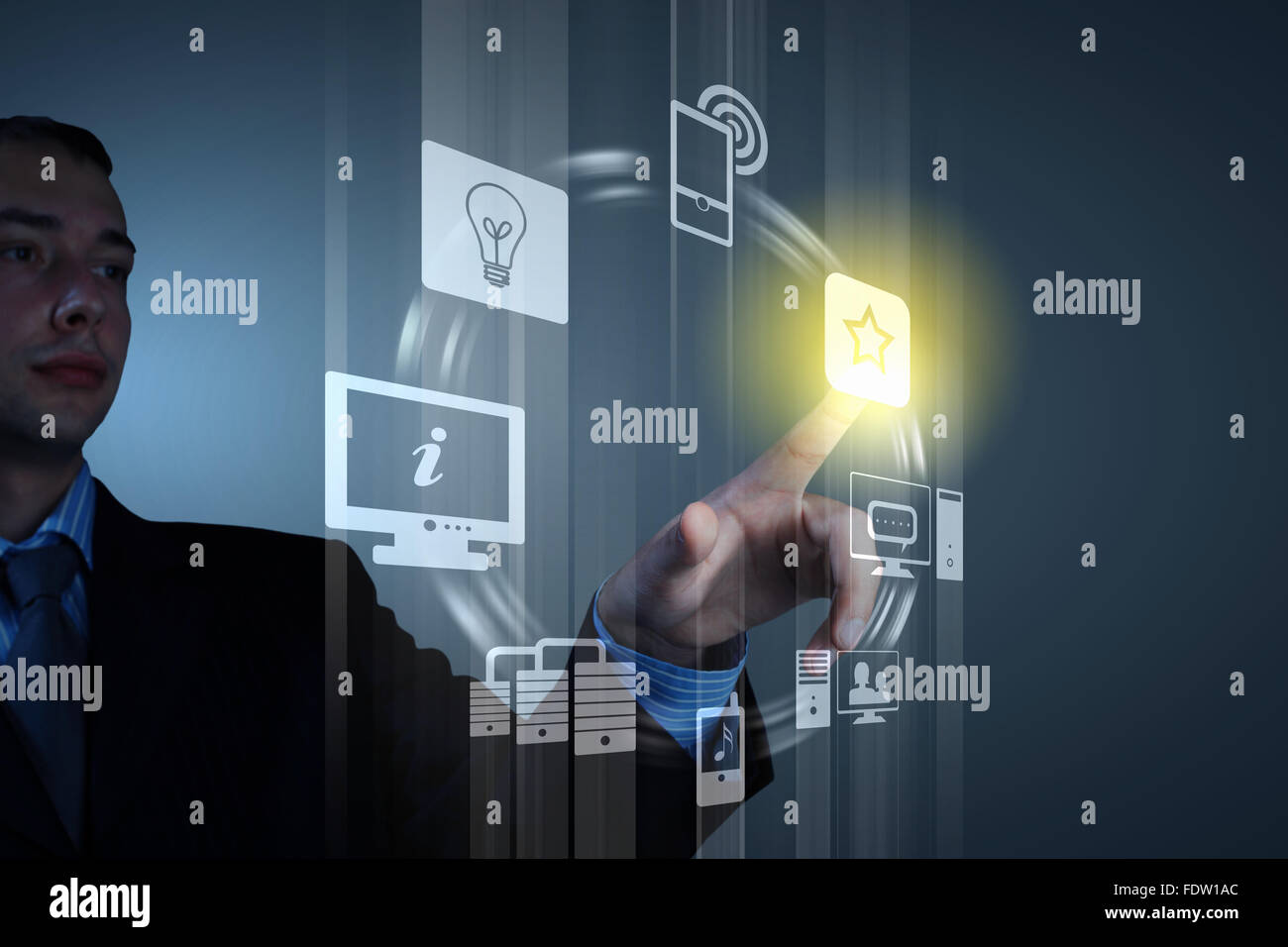 Business person pushing symbols on a touch screen interface Stock Photo ...