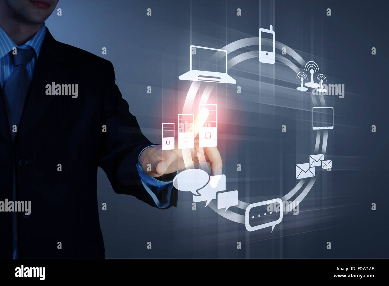 Business person pushing symbols on a touch screen interface Stock Photo ...