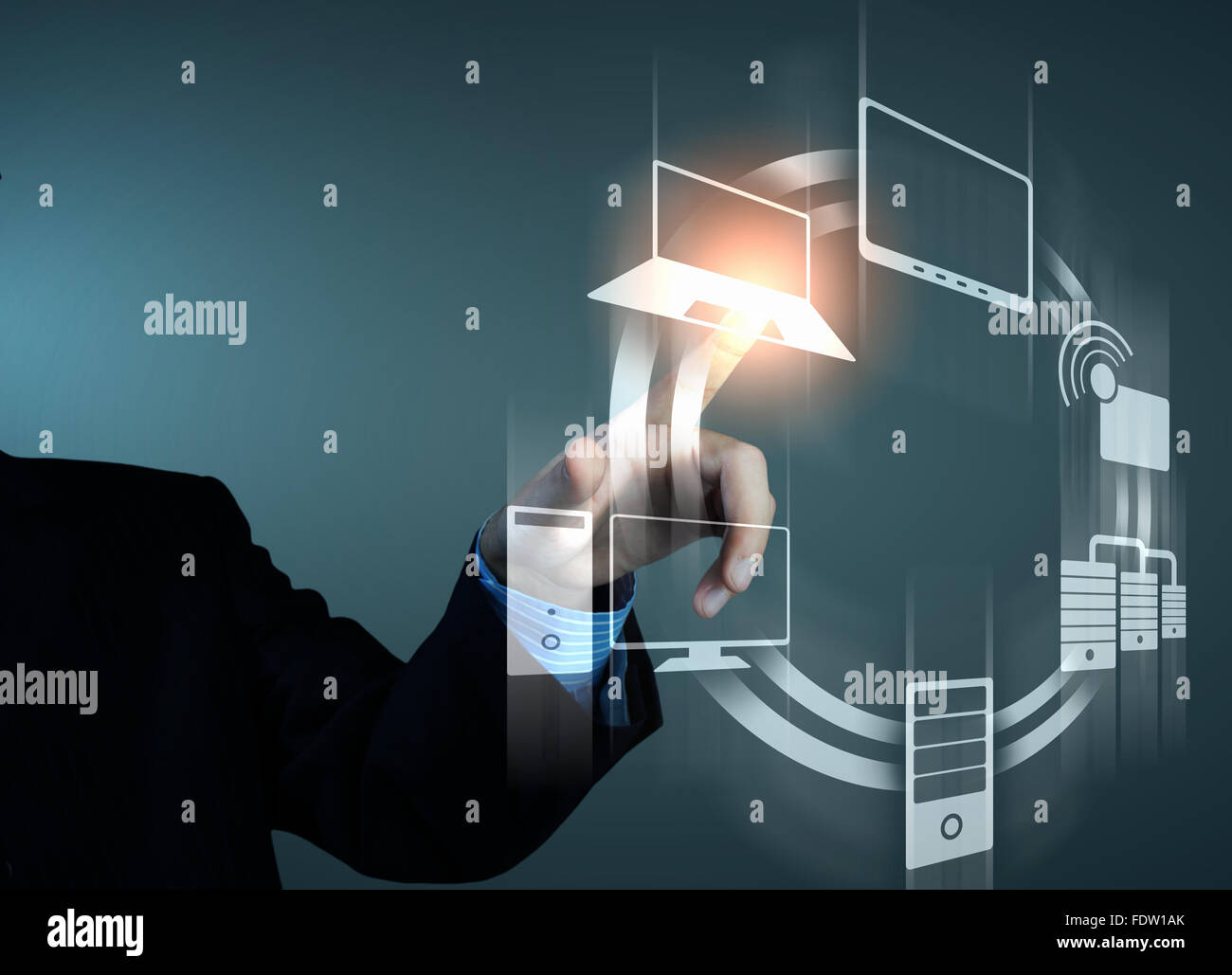 Business person pushing symbols on a touch screen interface Stock Photo ...