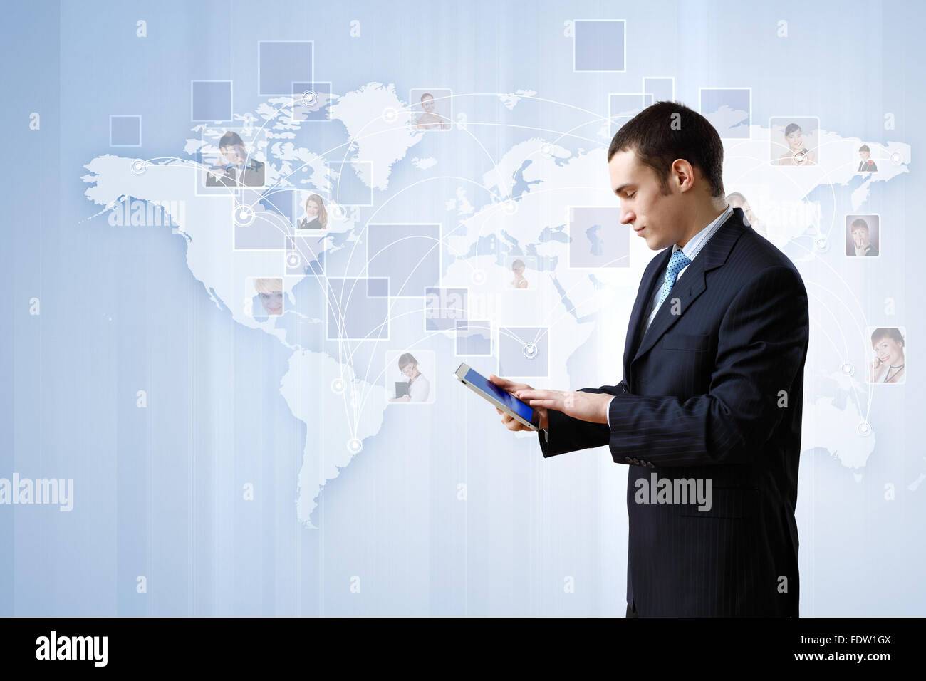 Businessman making presentation against modern technology background ...