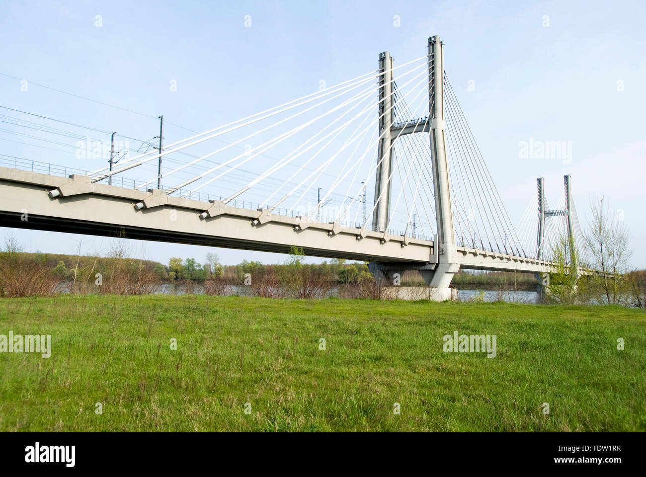 Cable stayed bridge across river Po in Northern Italy Stock Photo - Alamy