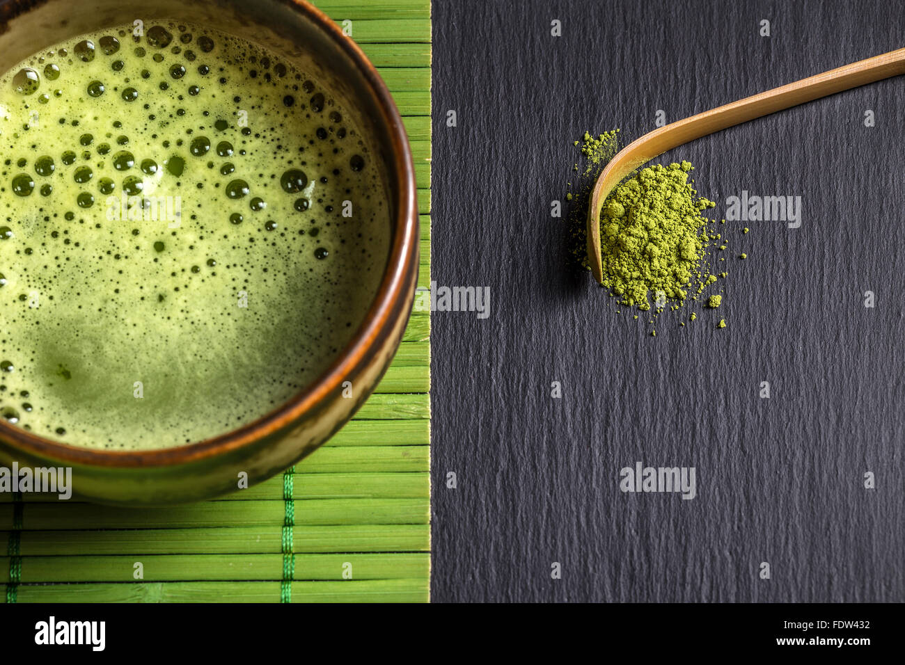 Green tea in bowl and tea powder with matcha spoon Stock Photo - Alamy