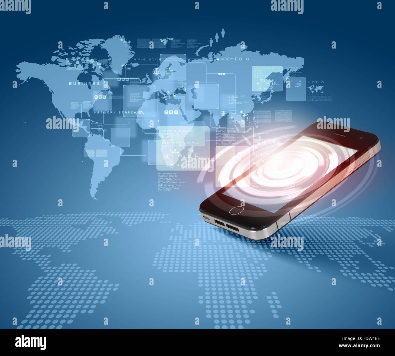 Modern communication technology illustration with mobile phone and high ...