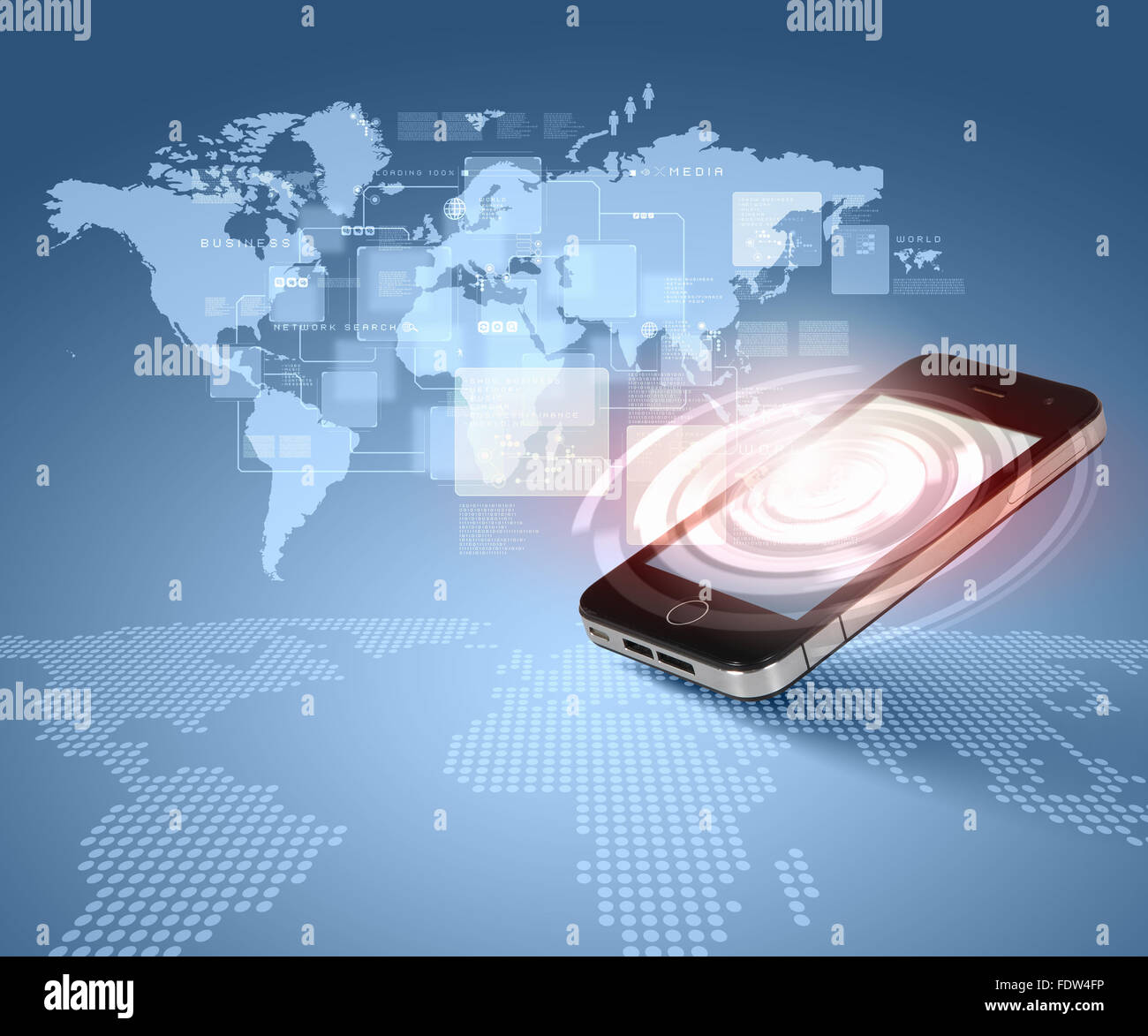 Modern communication technology illustration with mobile phone and high ...