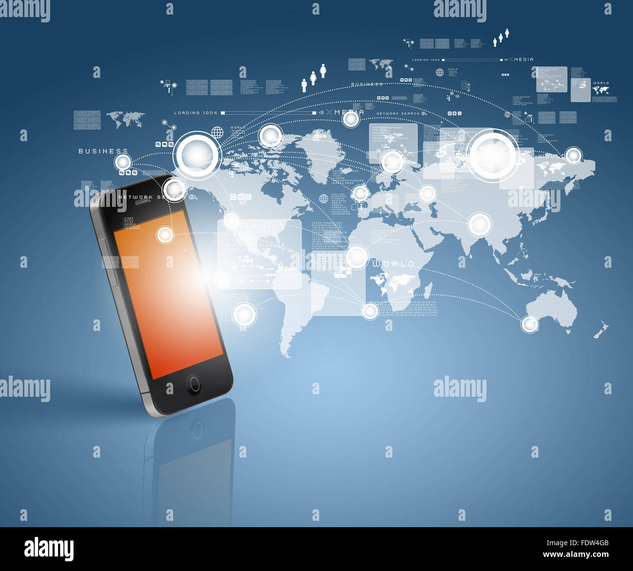 Modern communication technology illustration with mobile phone and high ...