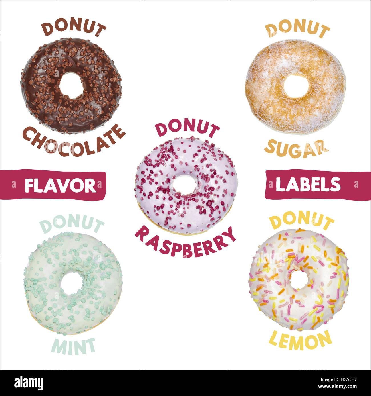 Set of donuts flavor labels top view Stock Photo - Alamy
