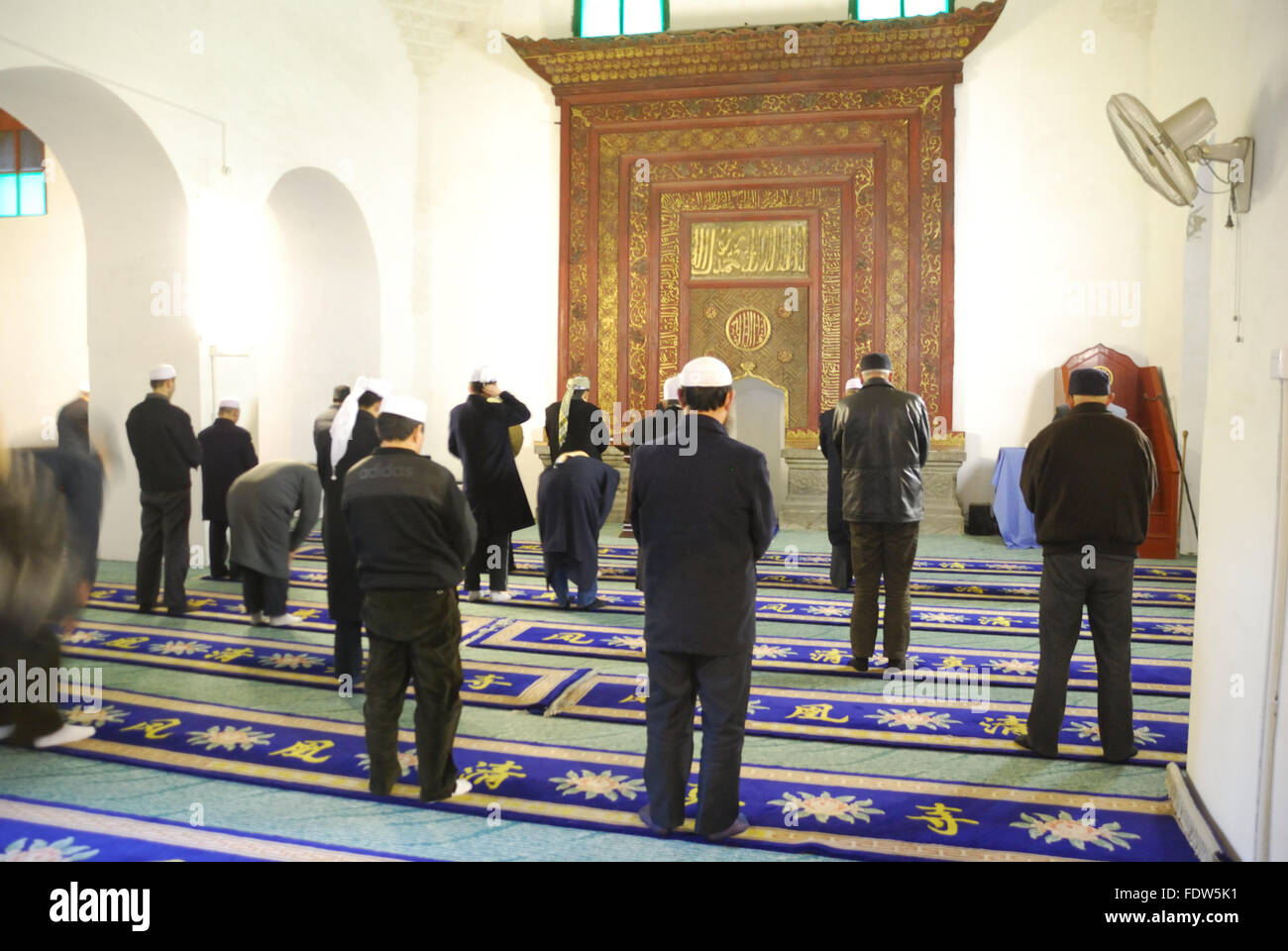Chinese Muslims Praying on blue prayer mats at the Phoenix Mosque ...