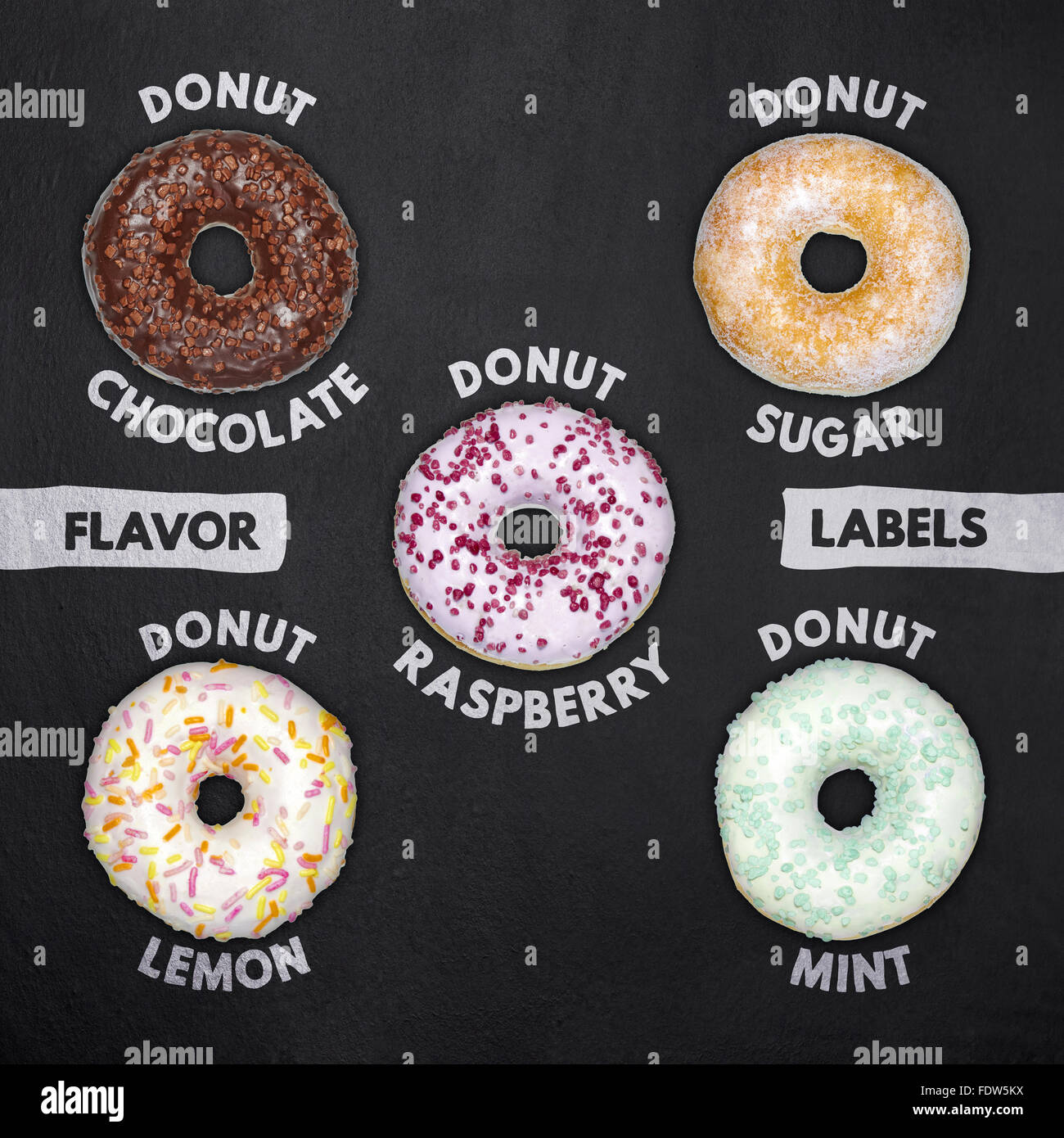 Set of donuts flavor labels top view on chalkboard Stock Photo - Alamy