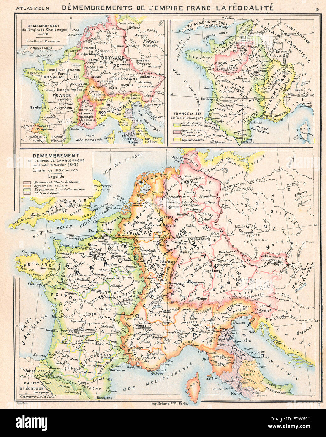 EUROPE: Démembrement de l'empire Charlemagne;Inset France en 888, 987 ...
