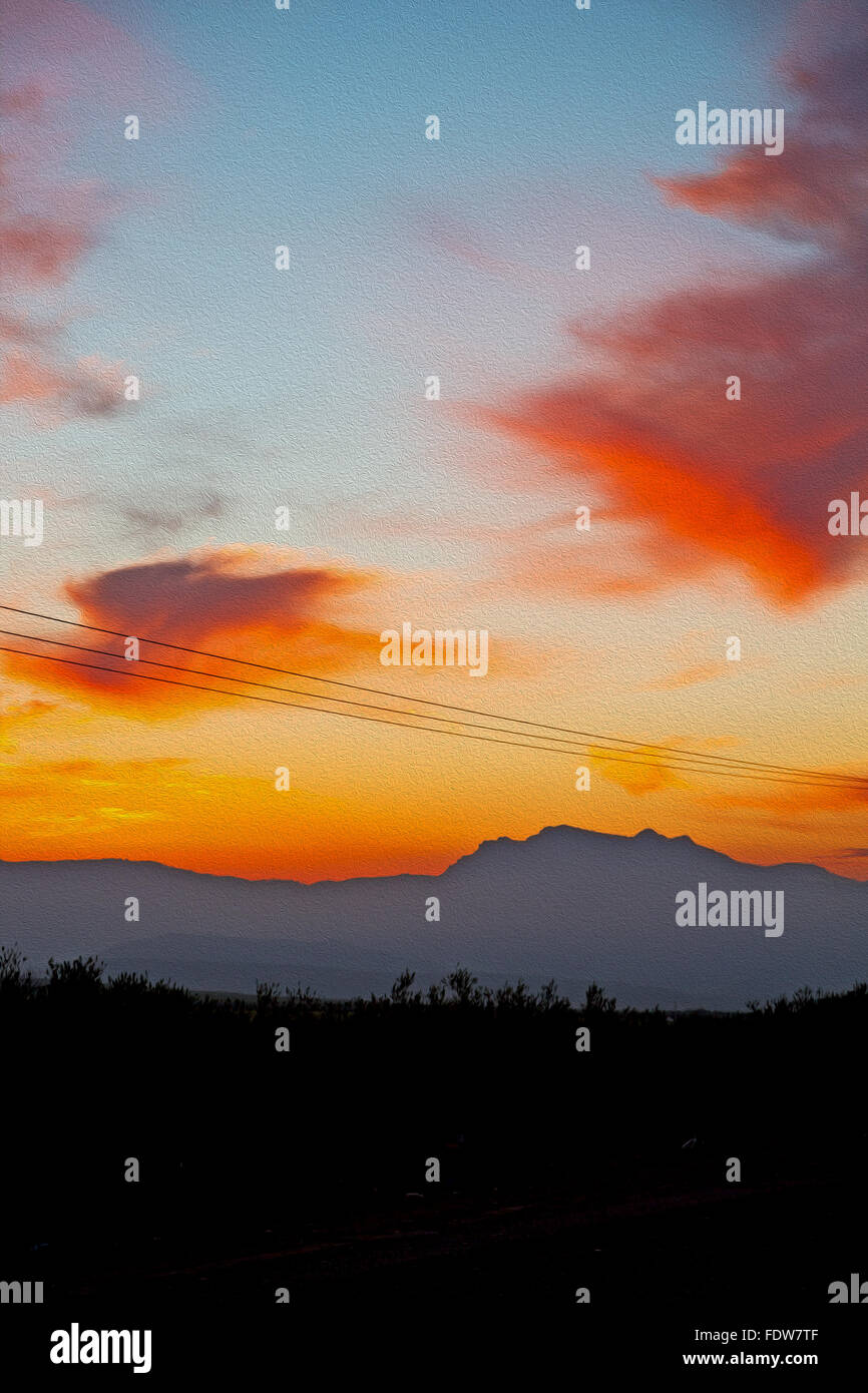 mountain in morocco africa and red sunrise current cables power pylon ...