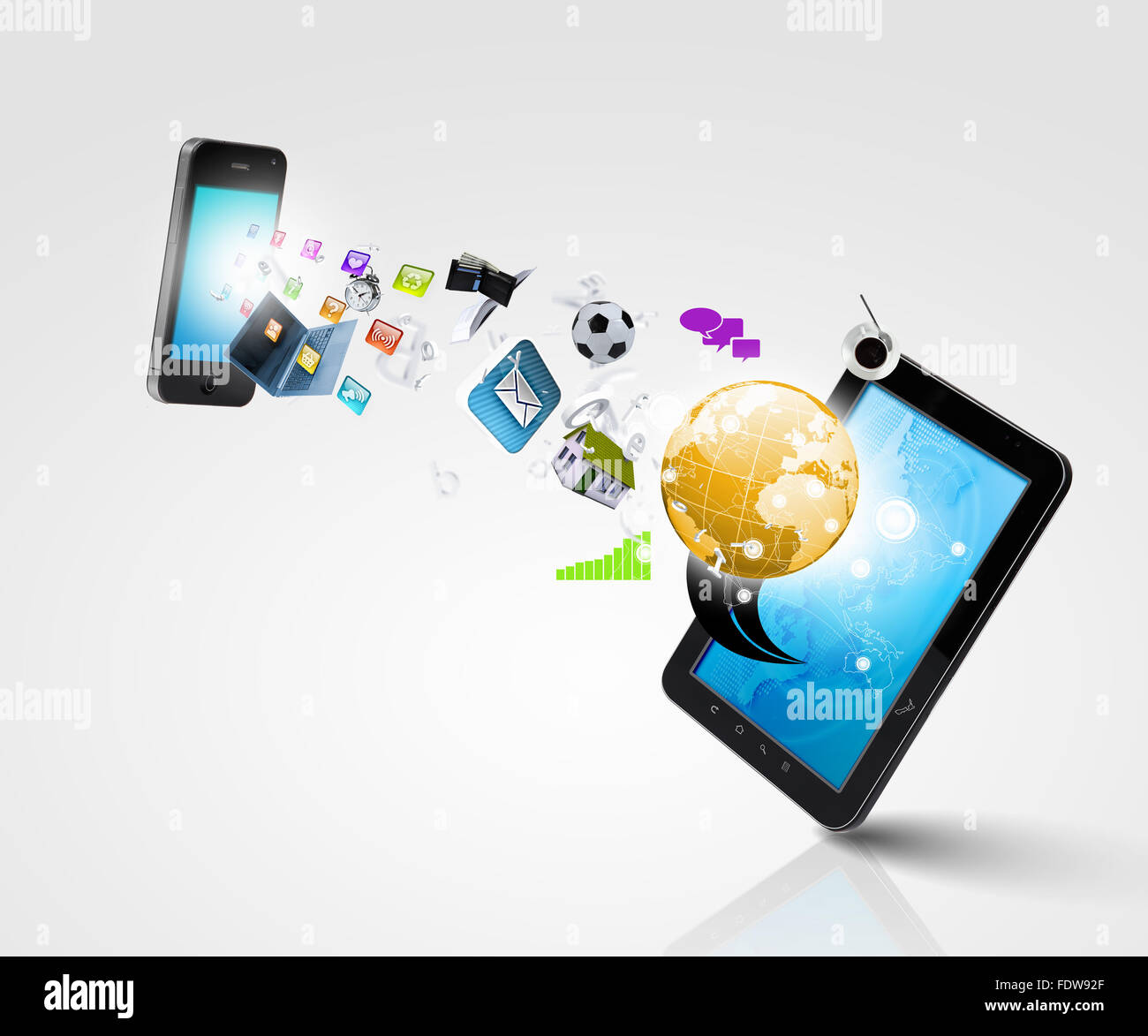 Modern communication technology illustration with mobile phone and high ...
