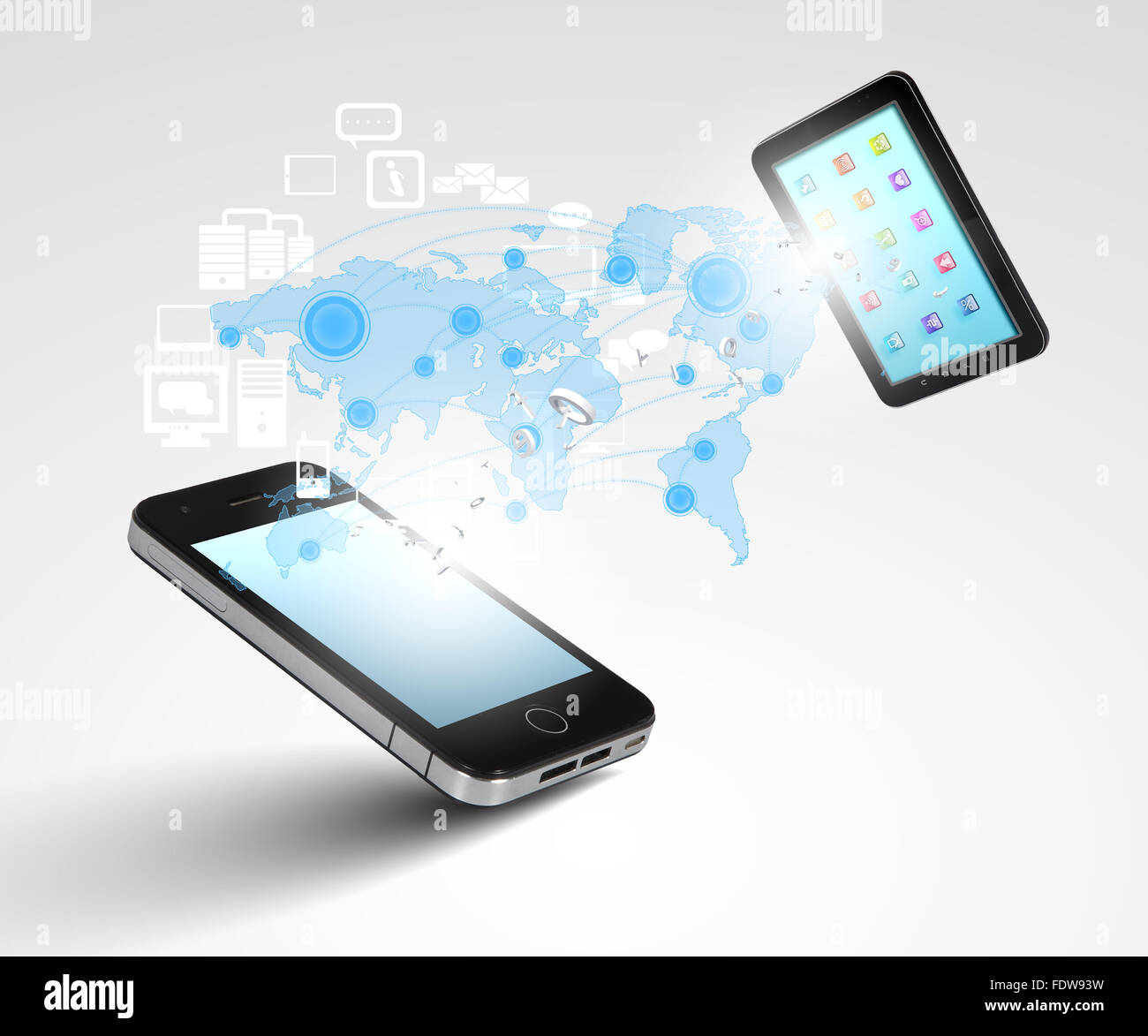 Modern communication technology illustration with mobile phone and high ...