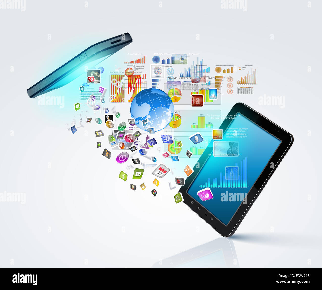 Modern communication technology illustration with mobile phone and high ...