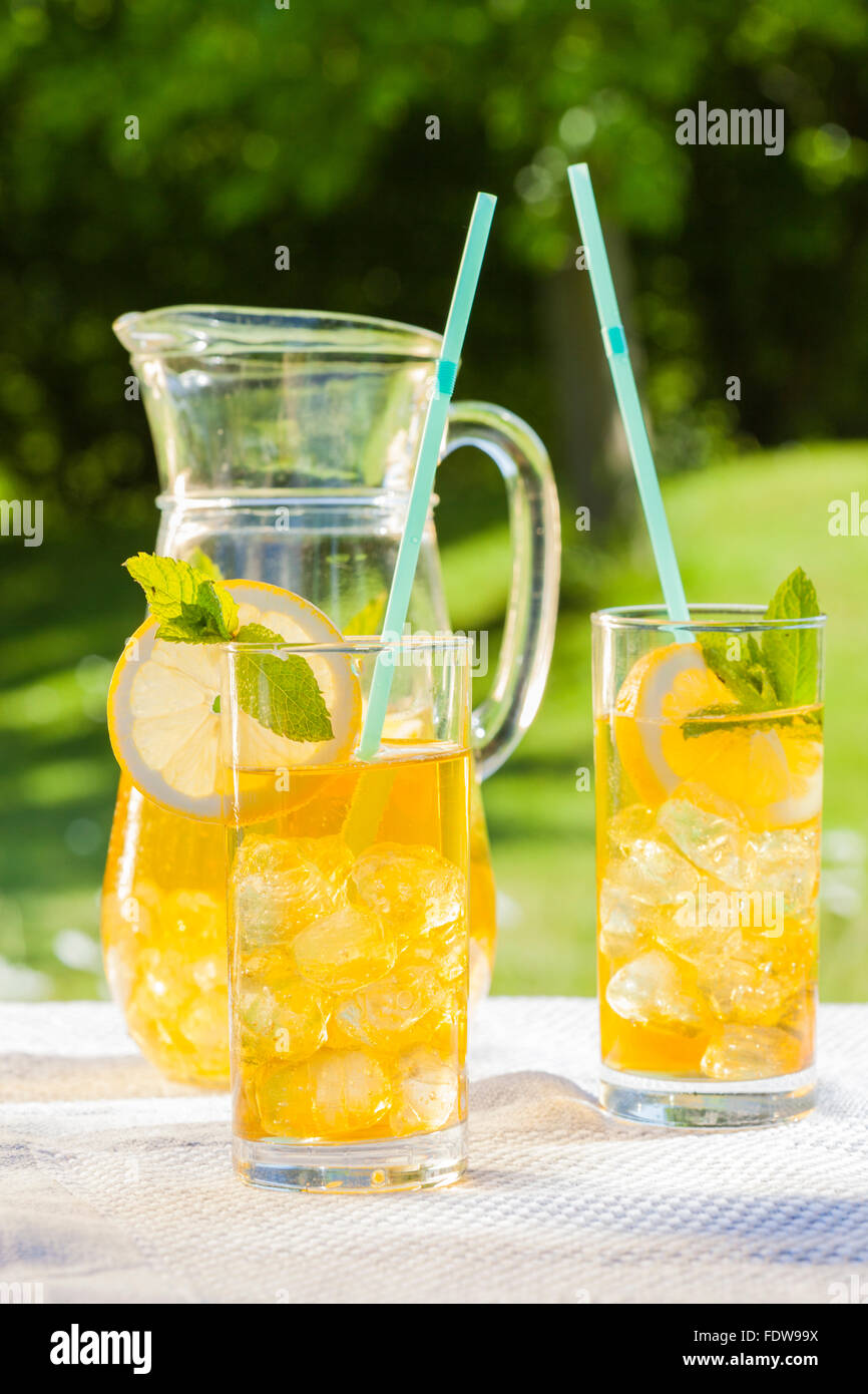 home made summer drink lemon ice tea in garden Stock Photo - Alamy