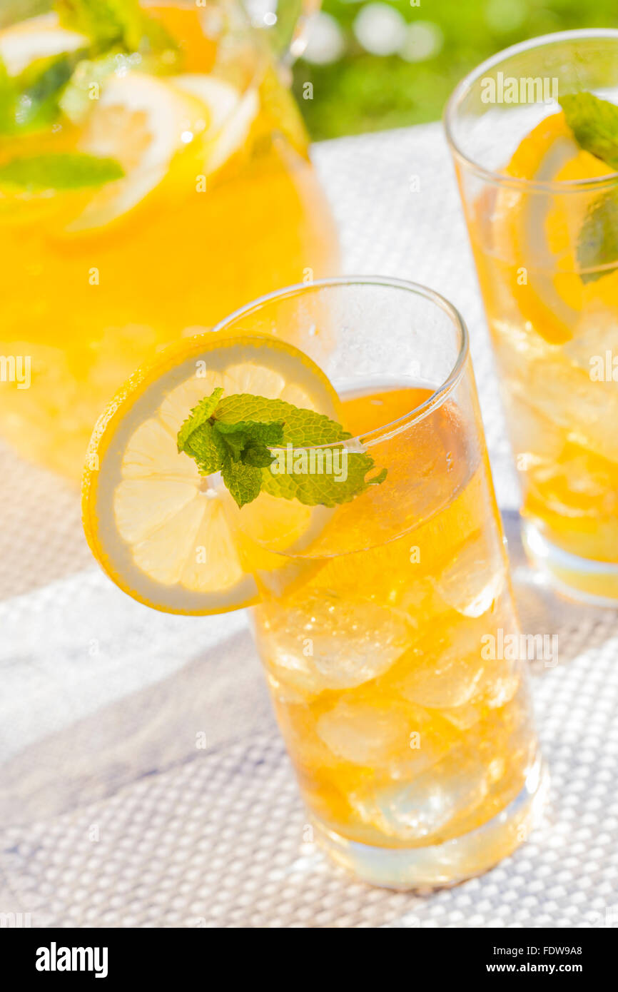 home made summer drink lemon ice tea in garden Stock Photo - Alamy