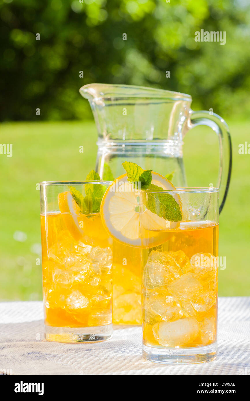 home made summer drink lemon ice tea in garden Stock Photo - Alamy