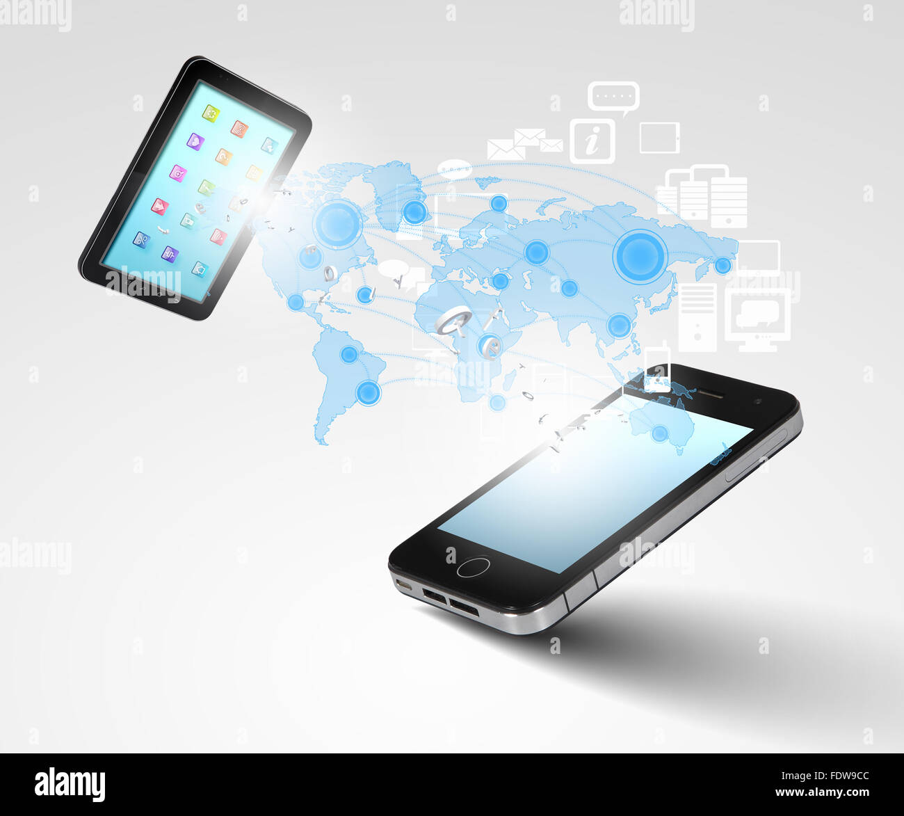 Modern communication technology illustration with mobile phone and high ...