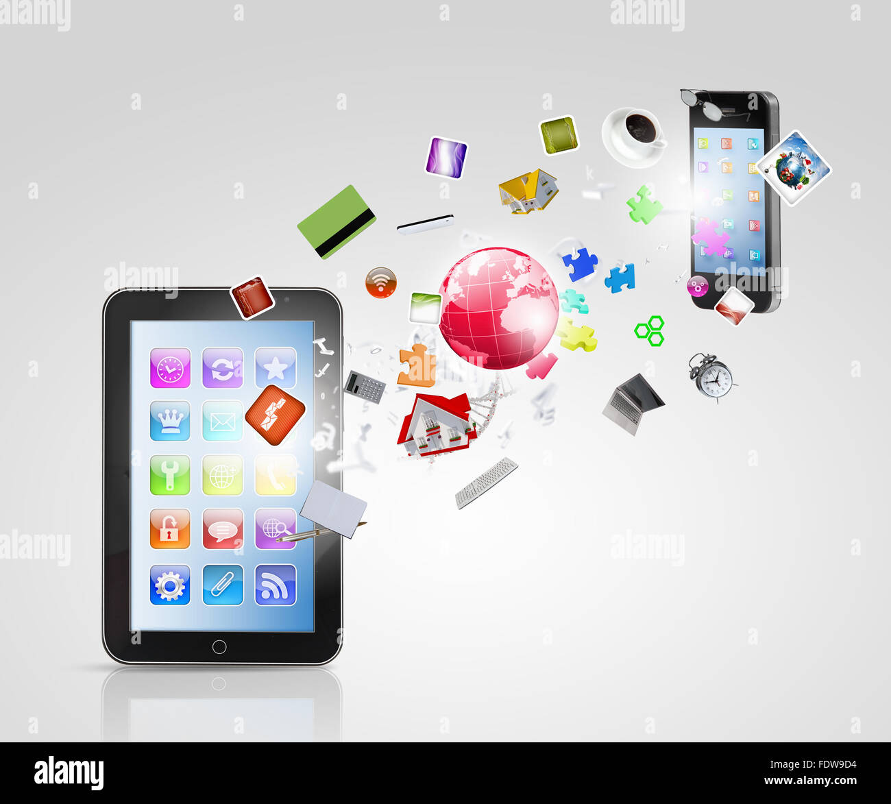 Modern communication technology illustration with mobile phone and high ...