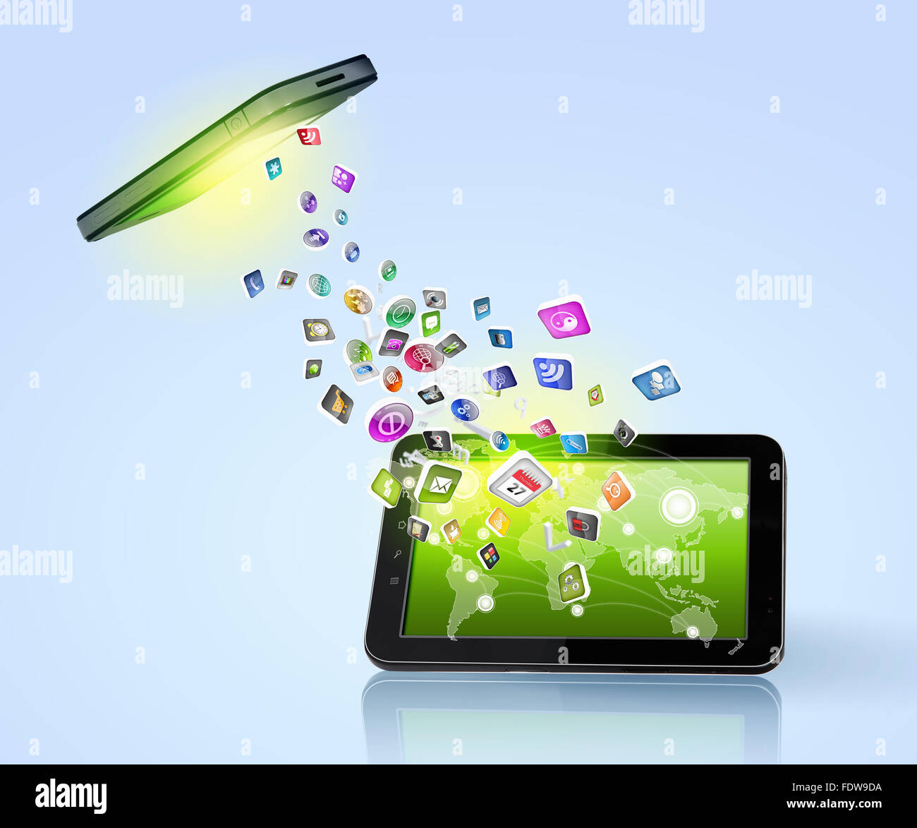 Modern communication technology illustration with mobile phone and high ...