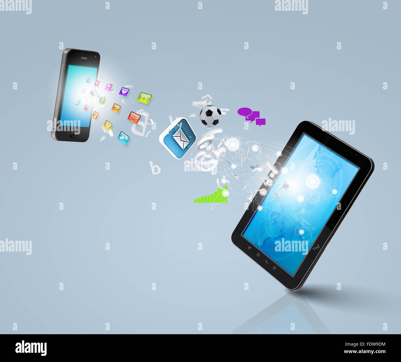 Modern communication technology illustration with mobile phone and high ...