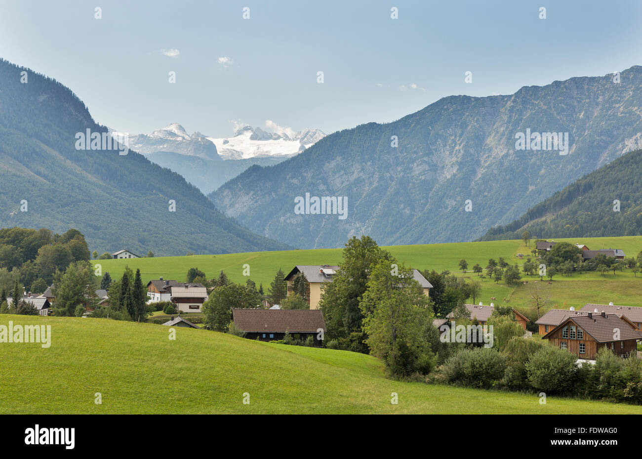 Idyllic landscape in the Alps with fresh green meadow, village and high ...
