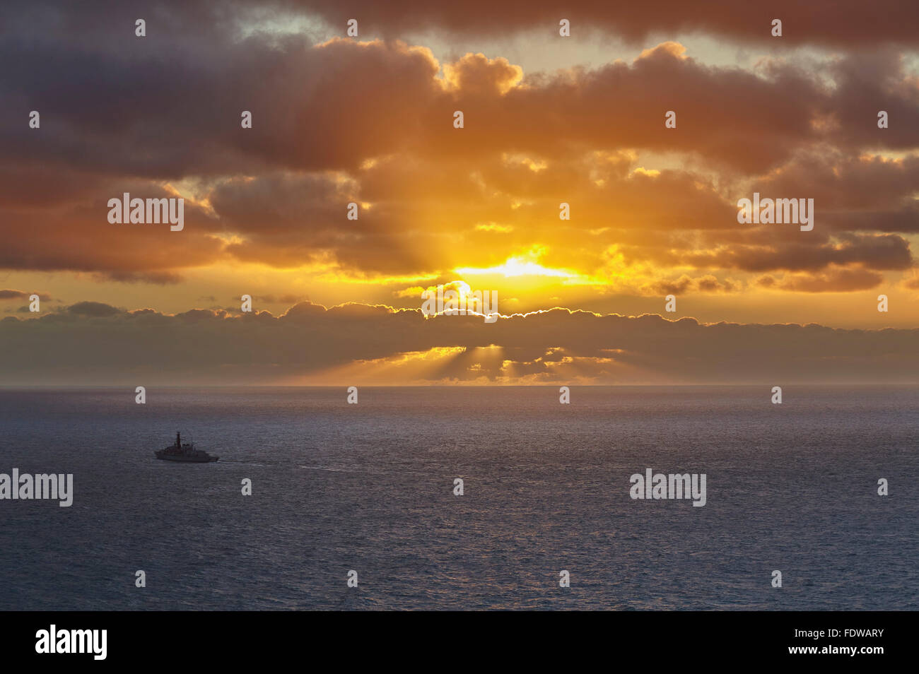 Sunrise over the sea, seen from Rame Head, near Torpoint, Cornwall ...