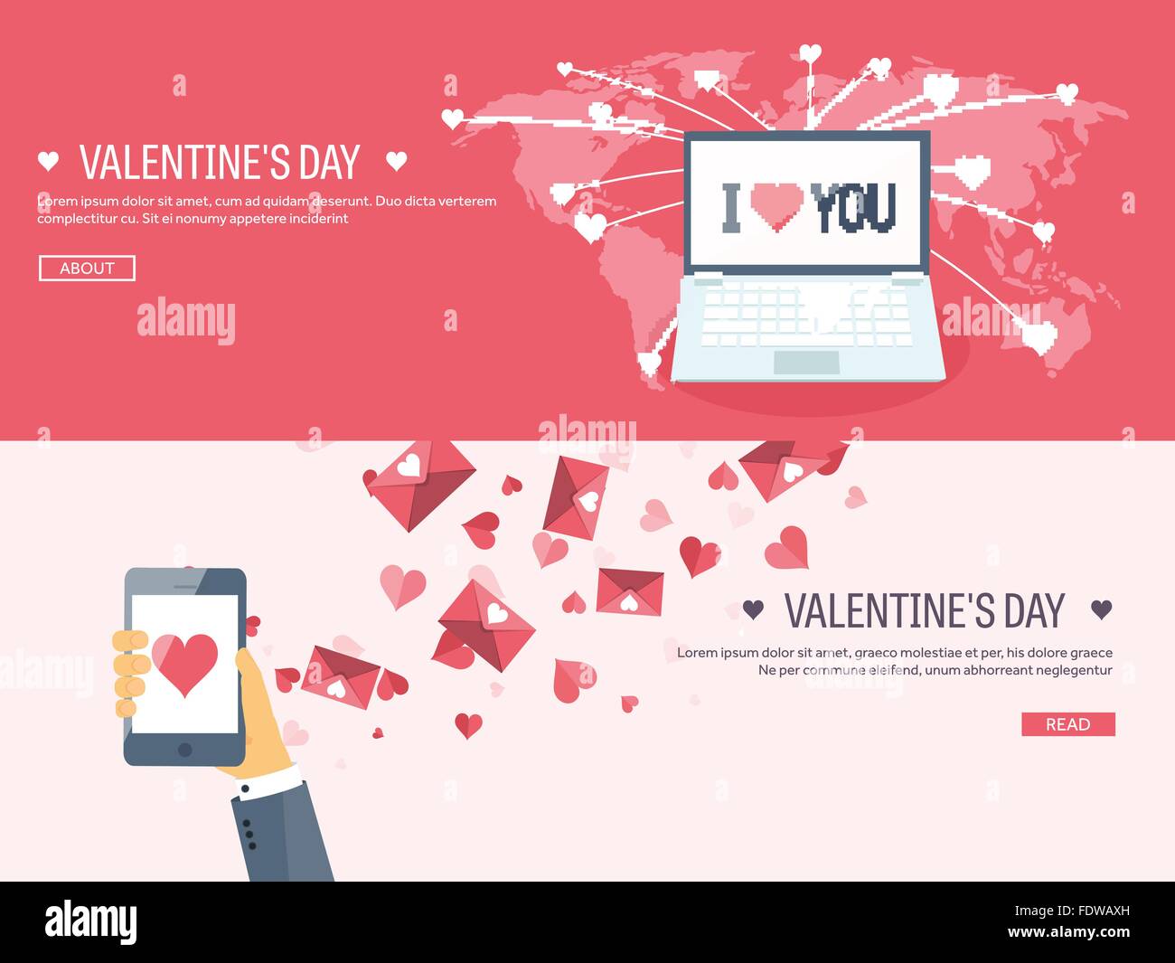 Vector illustration. Flat background with smartphone and laptop. Love ...