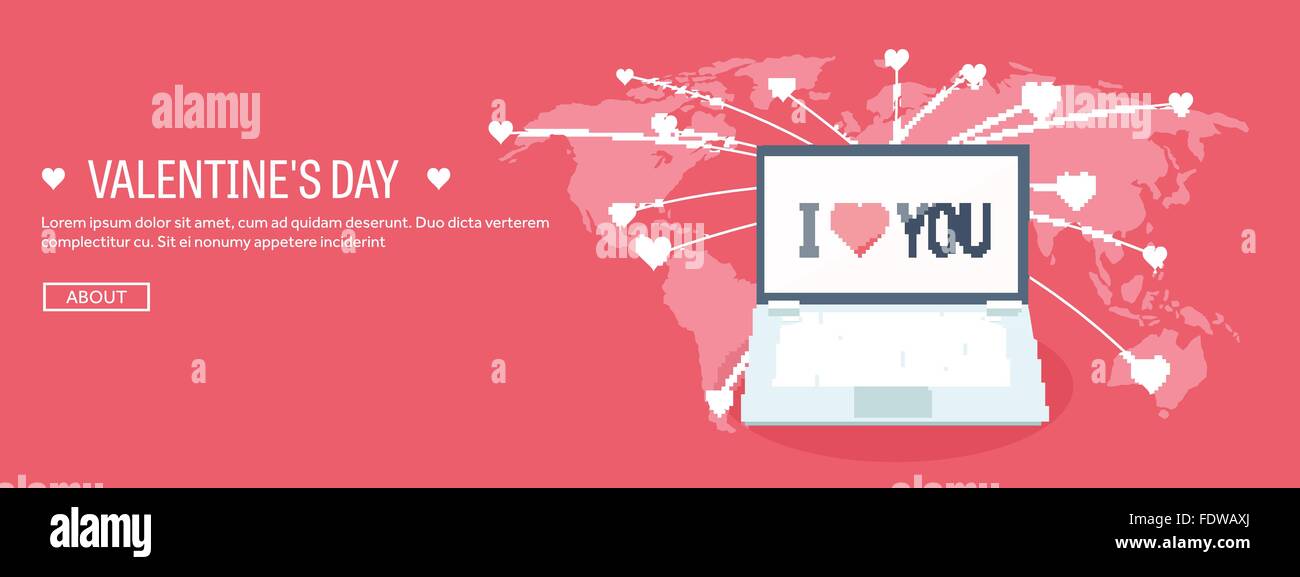 Vector illustration. Flat background with laptop. Love, hearts ...