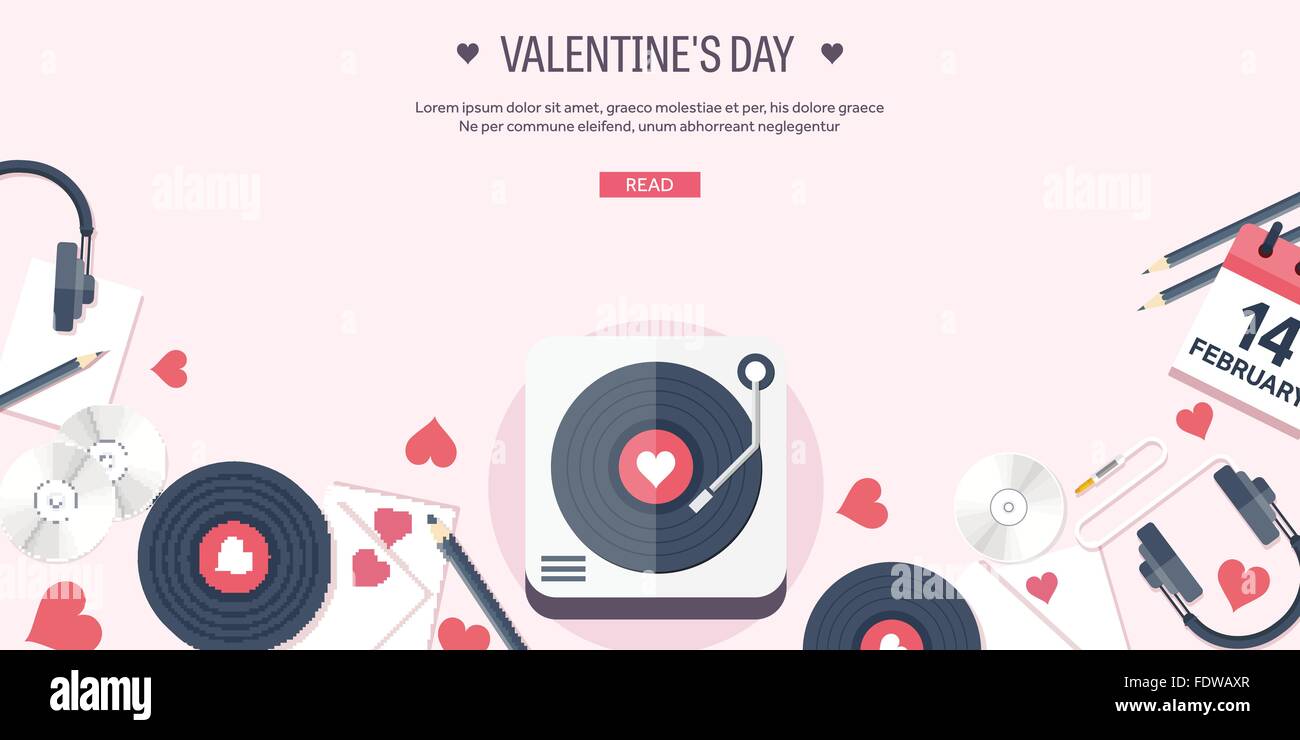 Vector illustration. Flat musical background with vinyl. Love, hearts ...