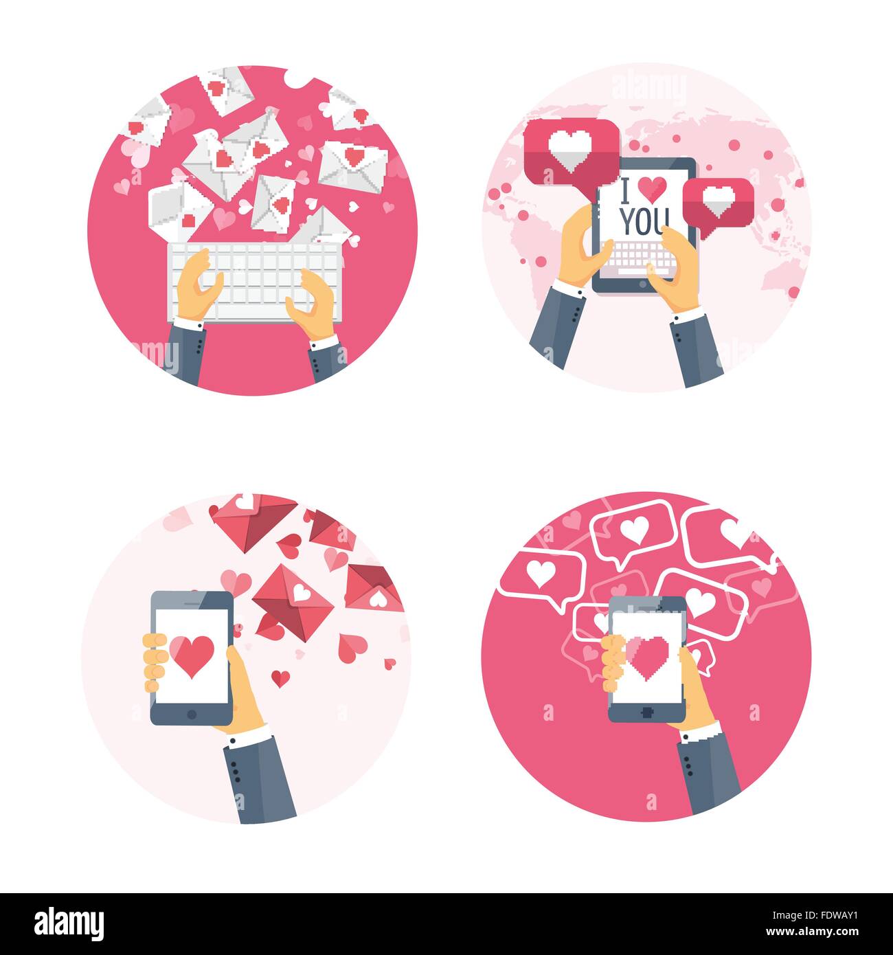 Vector illustration. Flat background with keyboard, hand, smartphone ...