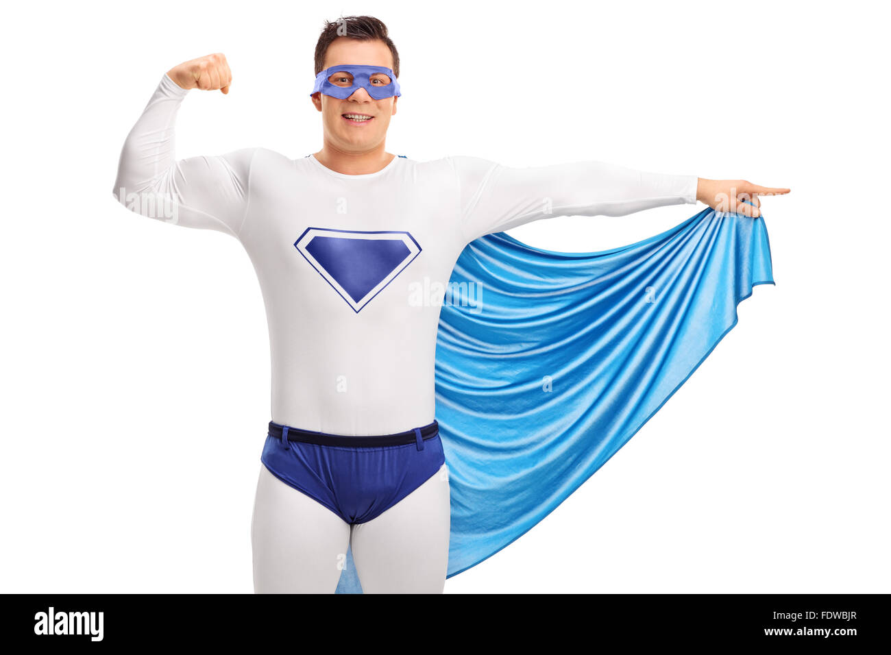 Cheerful superhero flexing his bicep and pointing to the right with his ...