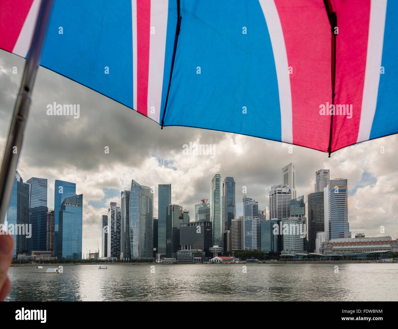 Viewing the Singapore City buildings from underneath a Union Jack ...