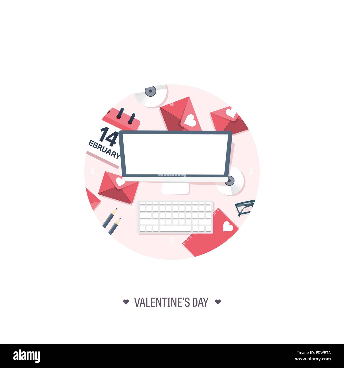 Vector illustration. Flat background with computer, laptop. Love ...
